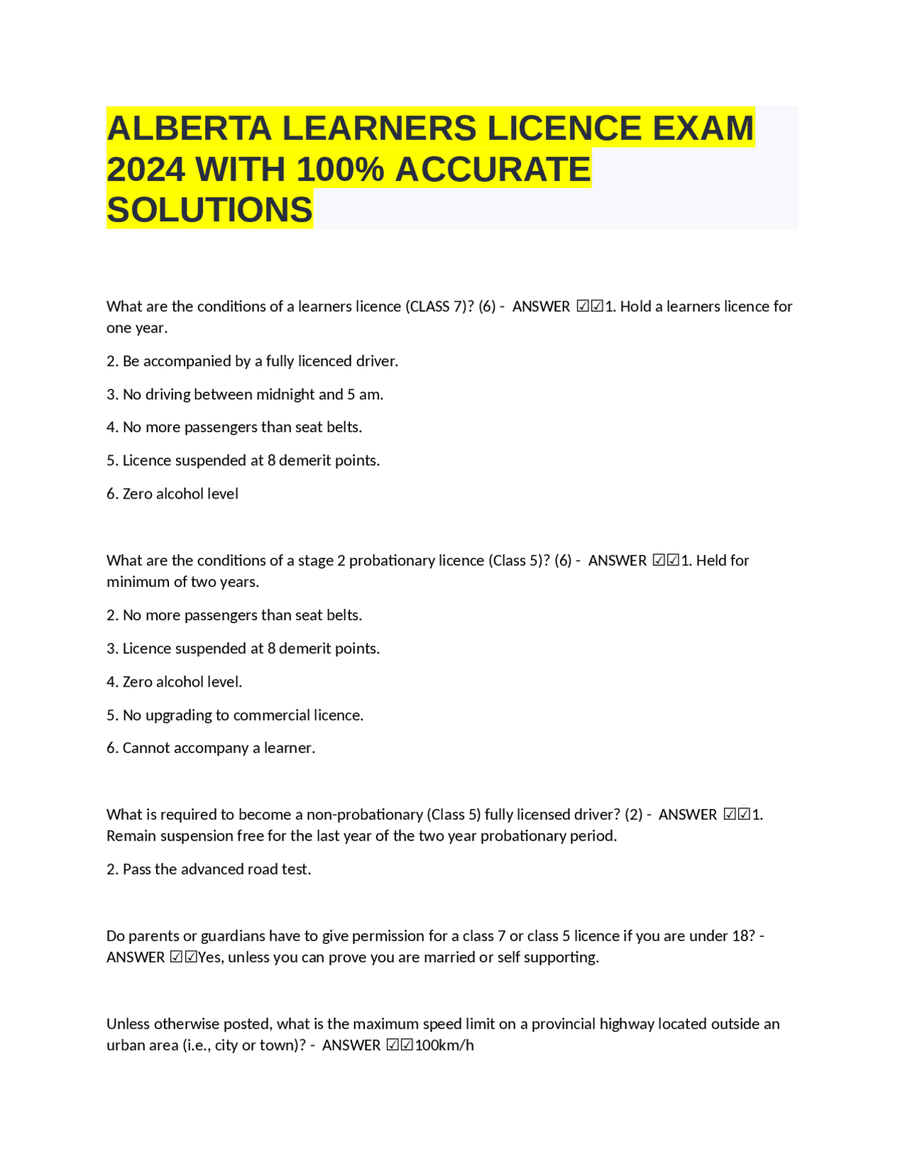 ALBERTA LEARNERS LICENCE EXAM 2024 WITH 100% ACCURATE SOLUTIONS | Exams ...