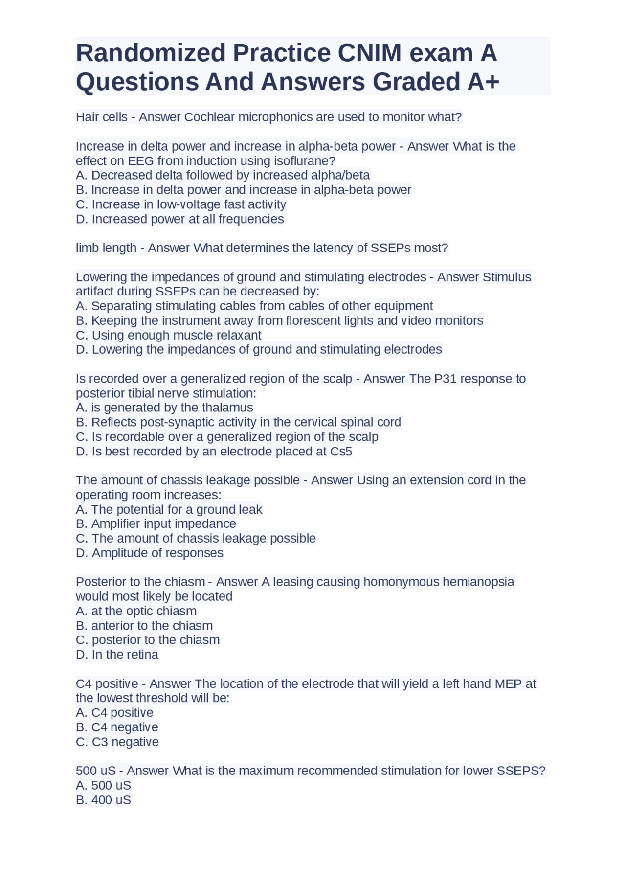 Randomized Practice CNIM exam A Questions And Answers Graded A+ ...