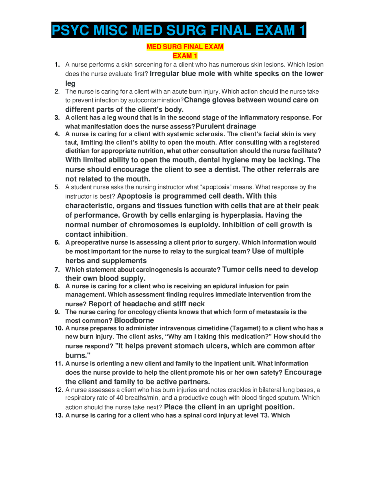 PSYC MISC MED SURG FINAL EXAM 1 WITH CORRECTLY ANSWERED QUESTIONS ...