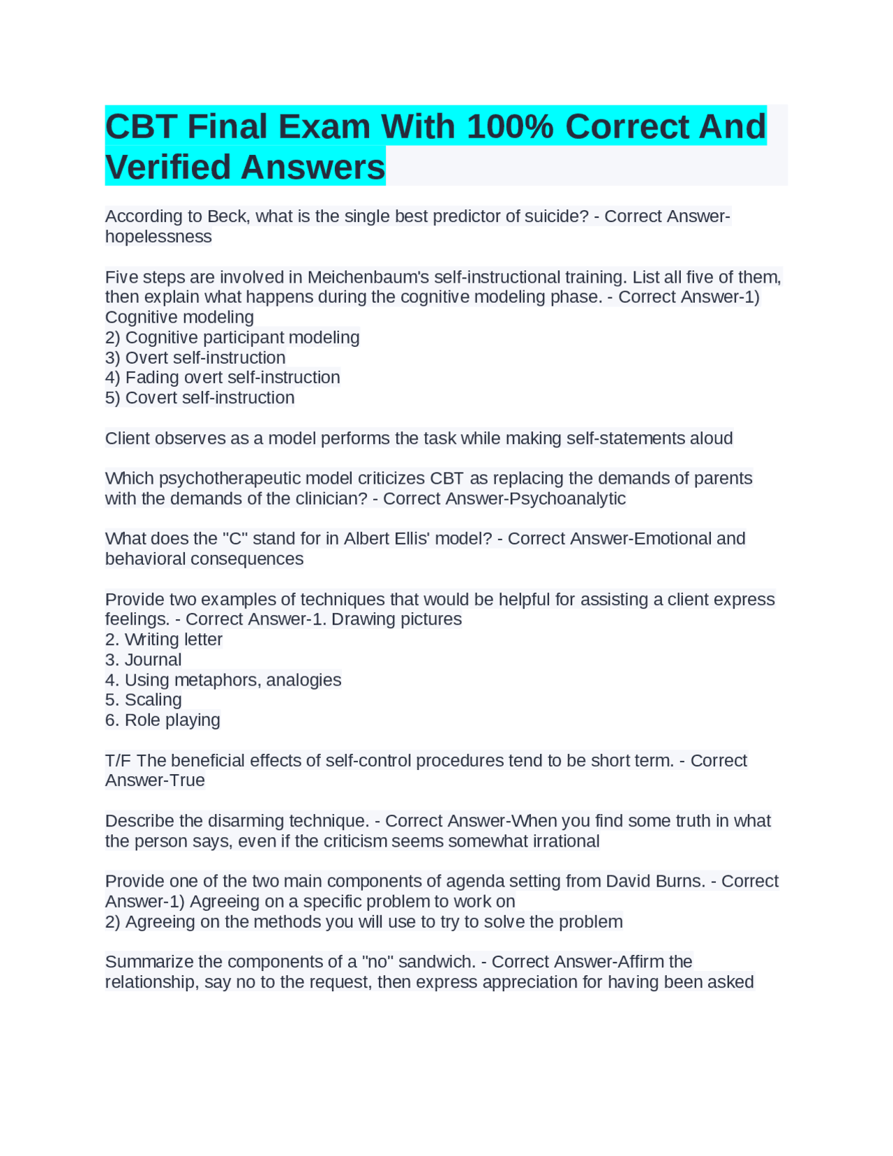 CBT Final Exam With 100% Correct And Verified Answers | Exams Advanced Education | Docsity