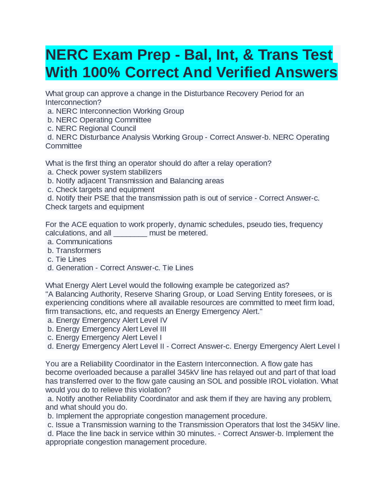NERC Exam Prep - Bal, Int, & Trans Test With 100% Correct And Verified ...