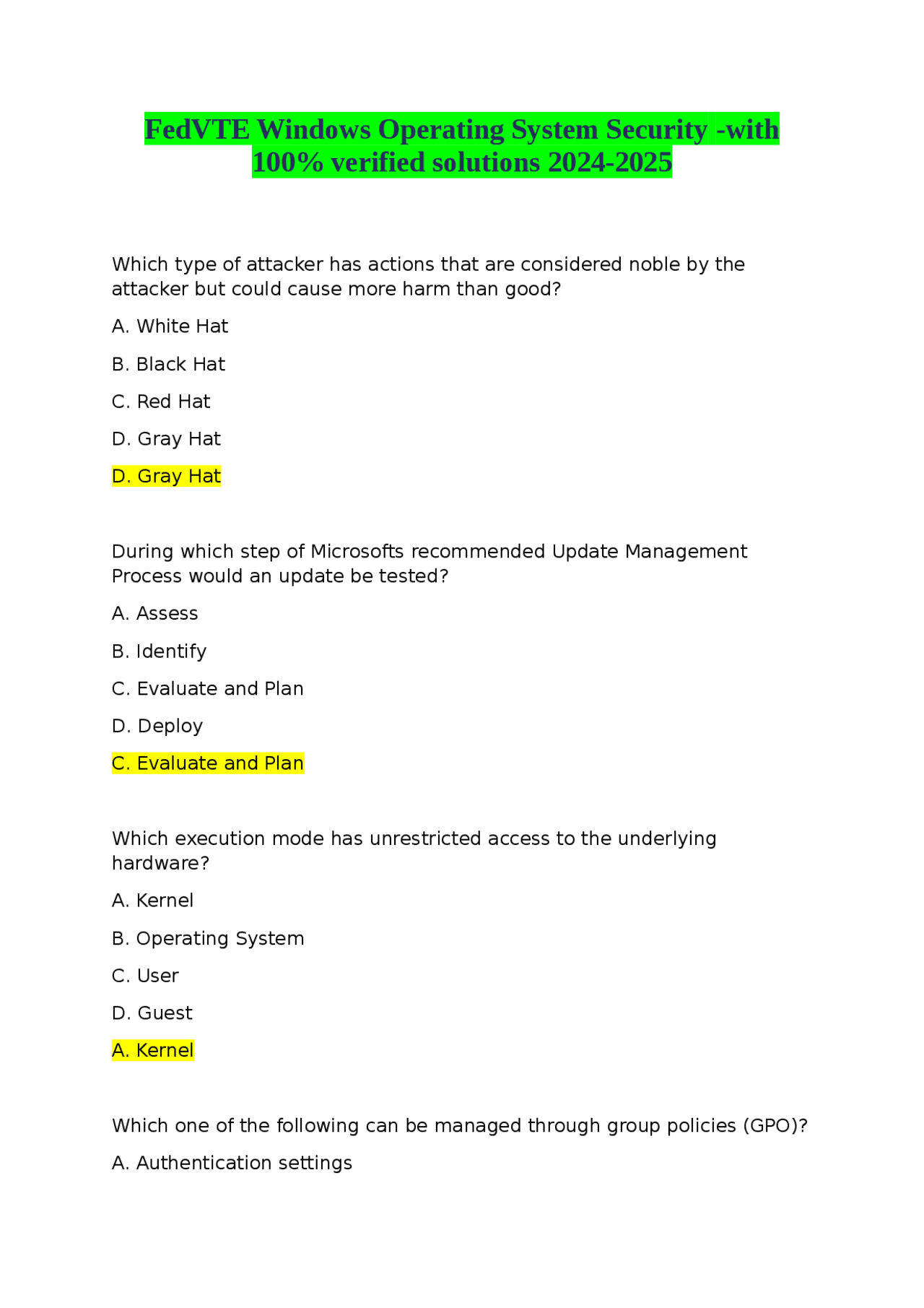 FedVTE Windows Operating System Security -with 100% verified solutions 2024-2025 | Exams ...