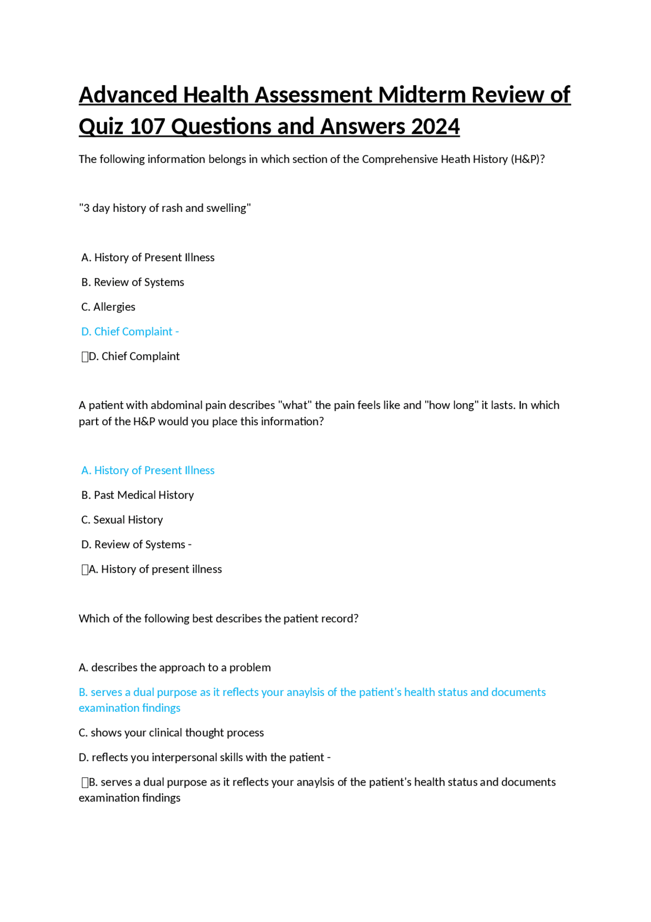 Advanced Health Assessment Midterm Review of Quiz 107 Questions and ...