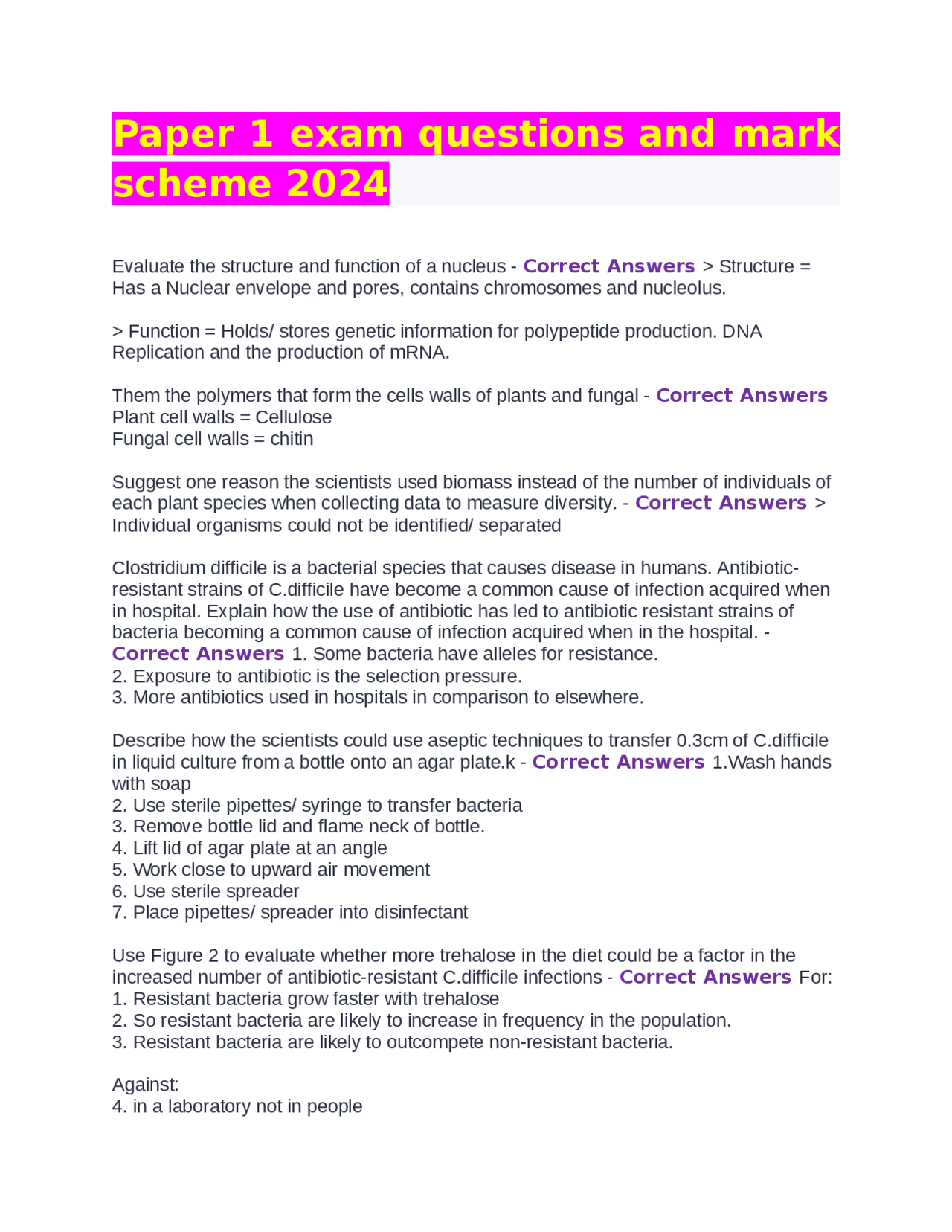 Paper 1 exam questions and mark scheme 2024 | Exams Biology | Docsity