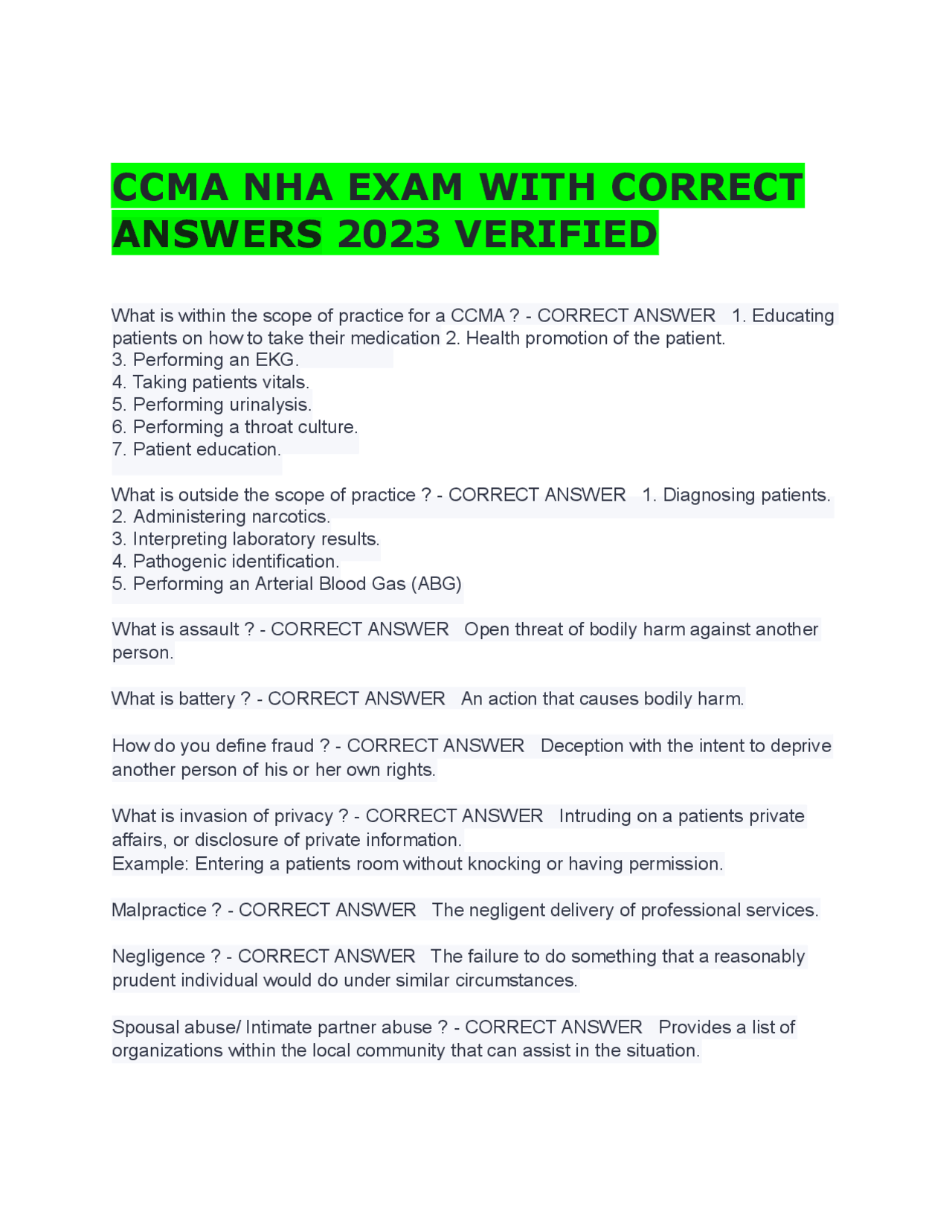 CCMA NHA EXAM WITH CORRECT ANSWERS 2023 VERIFIED | Exams Nursing | Docsity