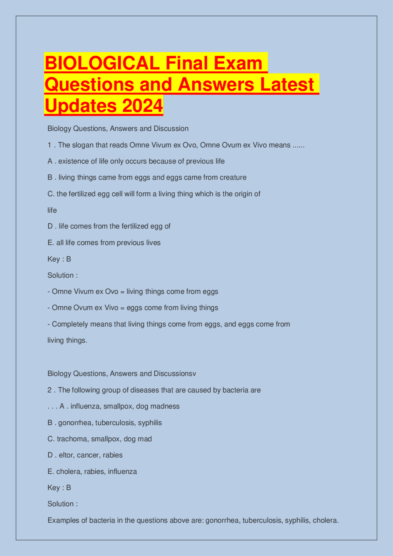 BIOLOGICAL Final Exam Questions and Answers Latest Updates 2024 | Exams ...