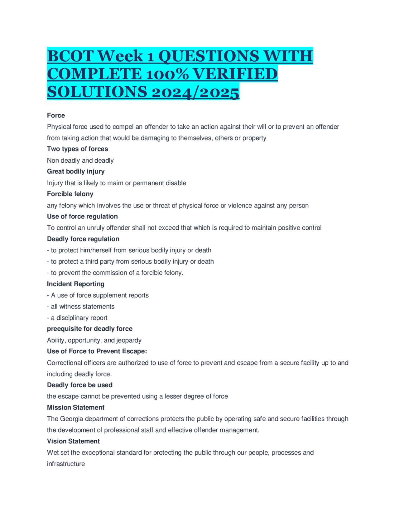 BCOT Week 1 QUESTIONS WITH COMPLETE 100% VERIFIED SOLUTIONS 2024/2025 ...