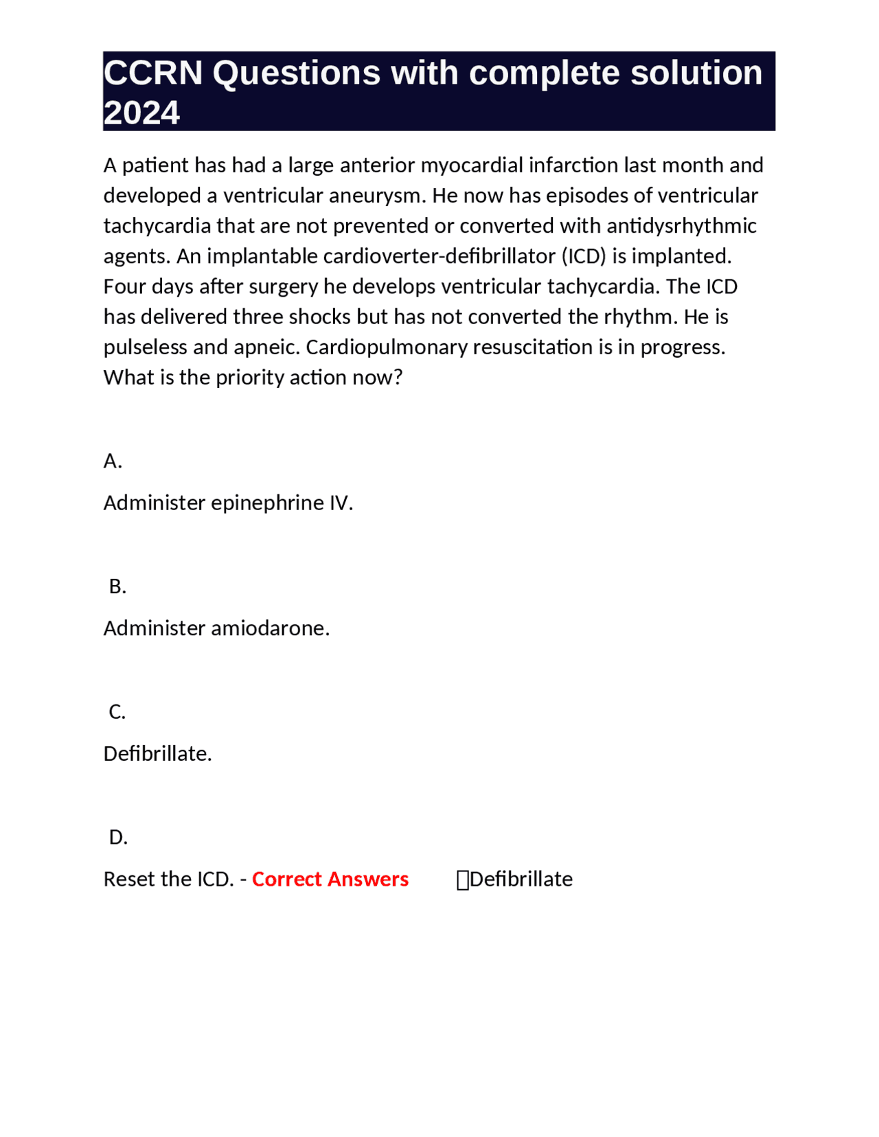 CCRN Questions with complete solution 2024 | Exams Nursing | Docsity