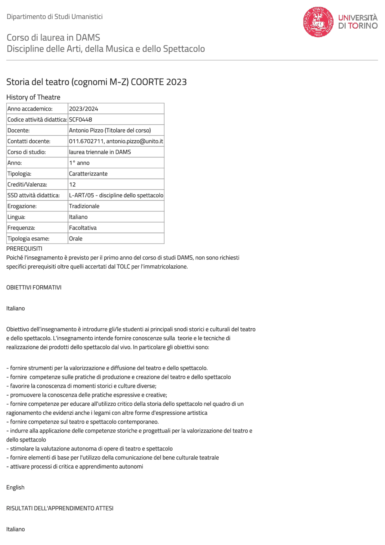 Storia del teatro il corso dams | Schemes and Mind Maps Italian | Docsity