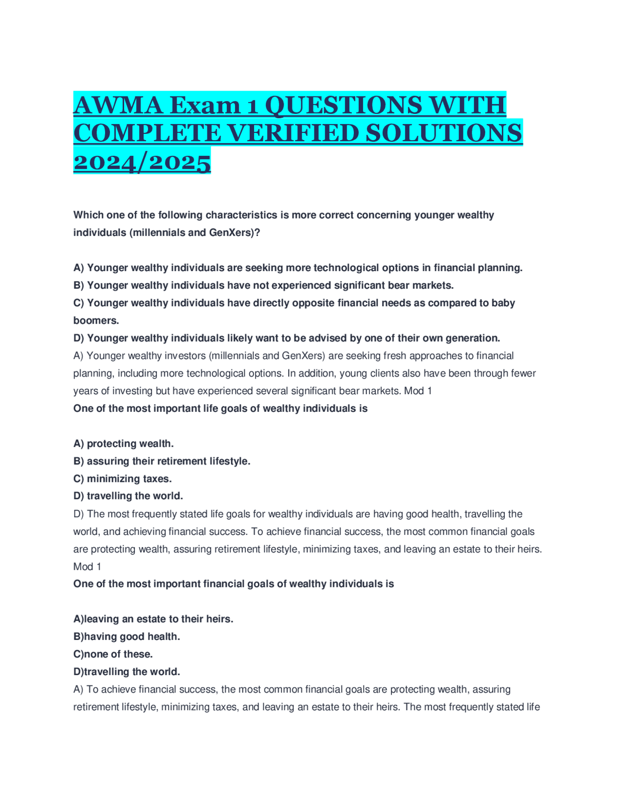 AWMA Exam 1 QUESTIONS WITH COMPLETE VERIFIED SOLUTIONS 2024/2025 ...