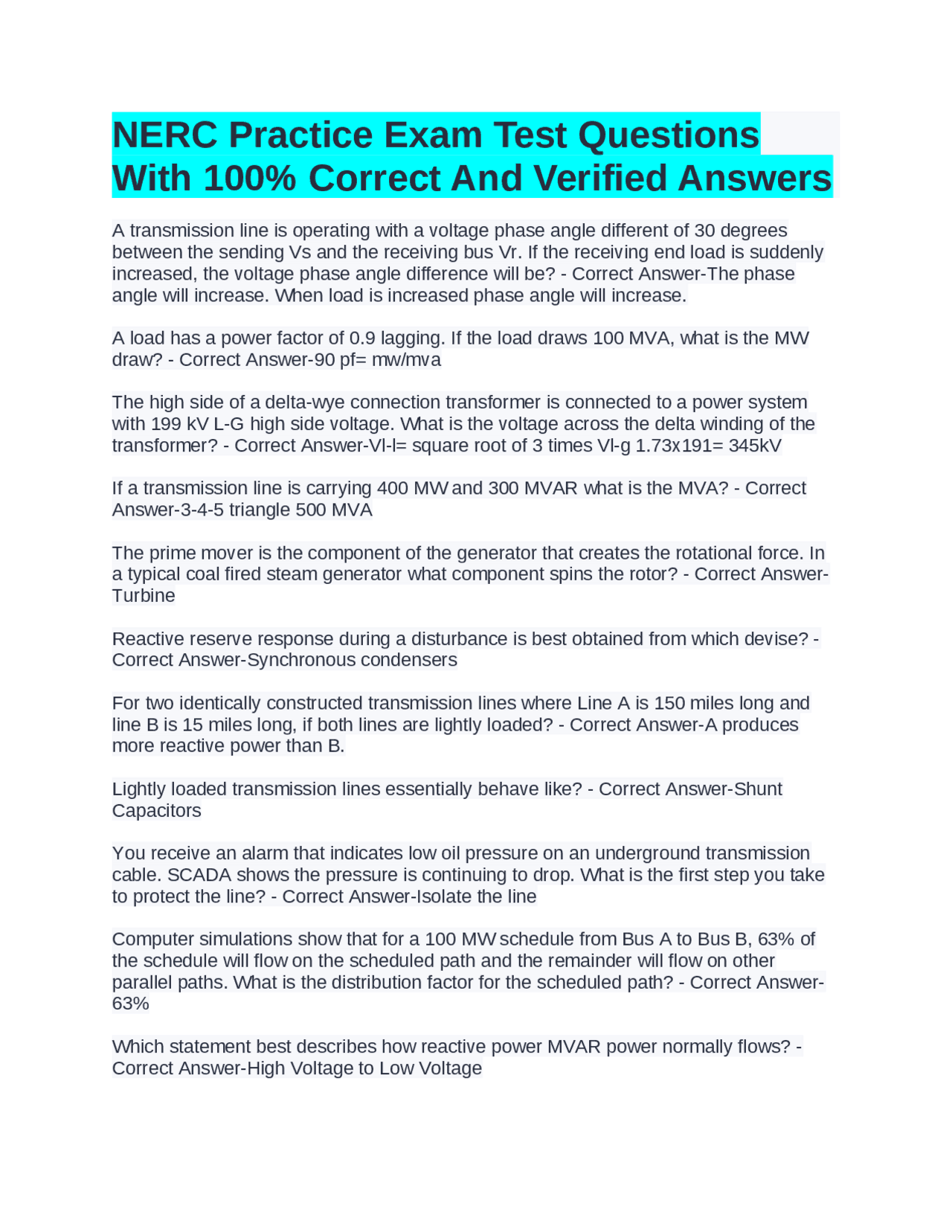 NERC Practice Exam Test Questions With 100% Correct And Verified ...