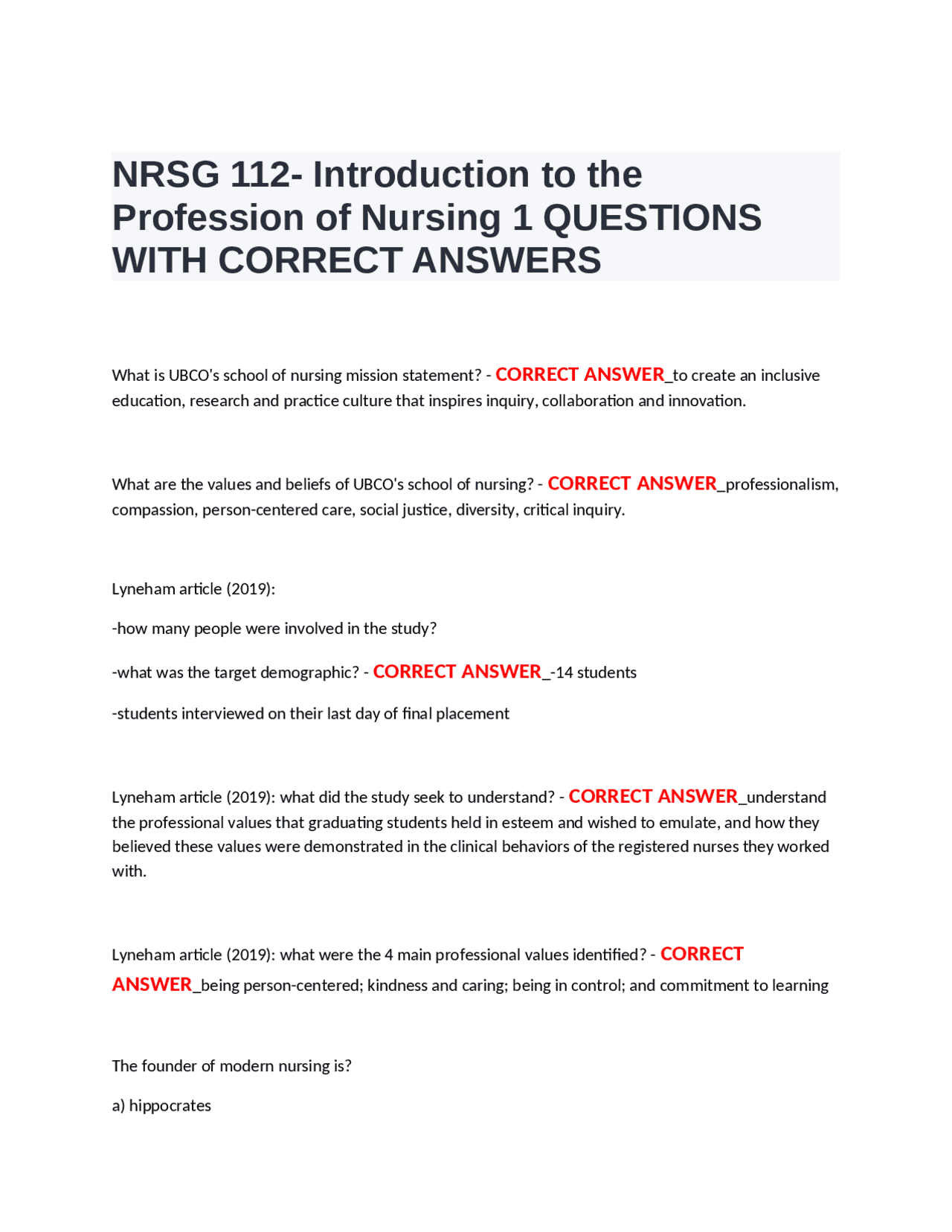 NRSG 112- Introduction to the Profession of Nursing 1 QUESTIONS WITH CORRECT ANSWERS | Exams ...