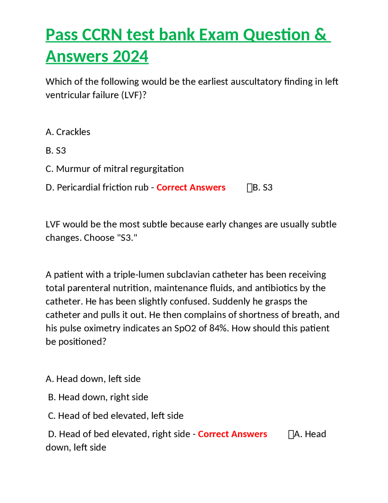 Pass CCRN test bank Exam Question & Answers 2024 | Exams Nursing | Docsity