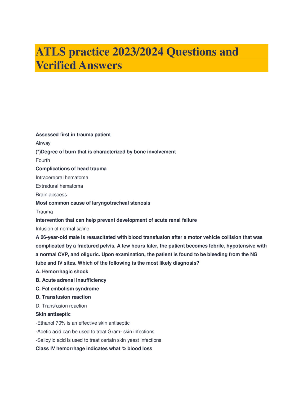 ATLS practice 2023/2024 Questions and Verified Answers | Exams Nursing ...
