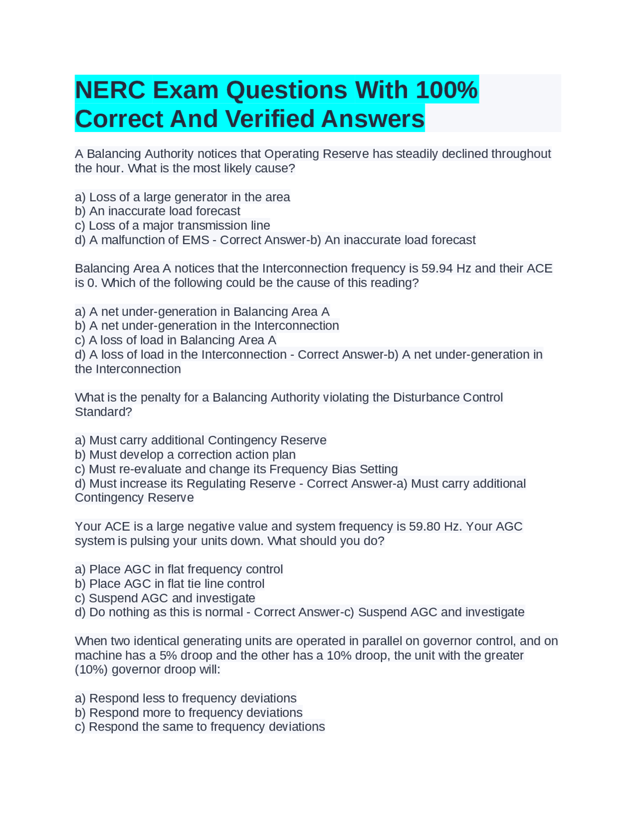 NERC Exam Questions With 100% Correct And Verified Answers | Exams ... NERC Exam Questions With 100% Correct And Verified Answers | Exams ...