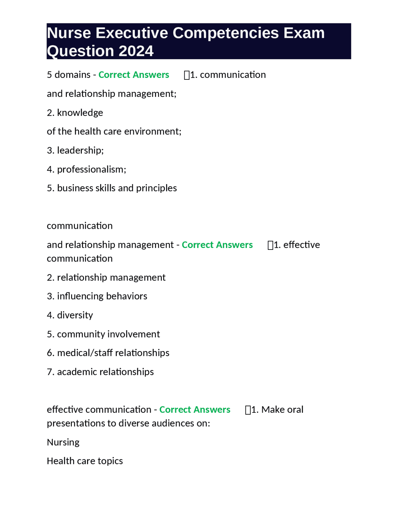 Nurse Executive Competencies Exam Question 2024 | Exams Nursing | Docsity