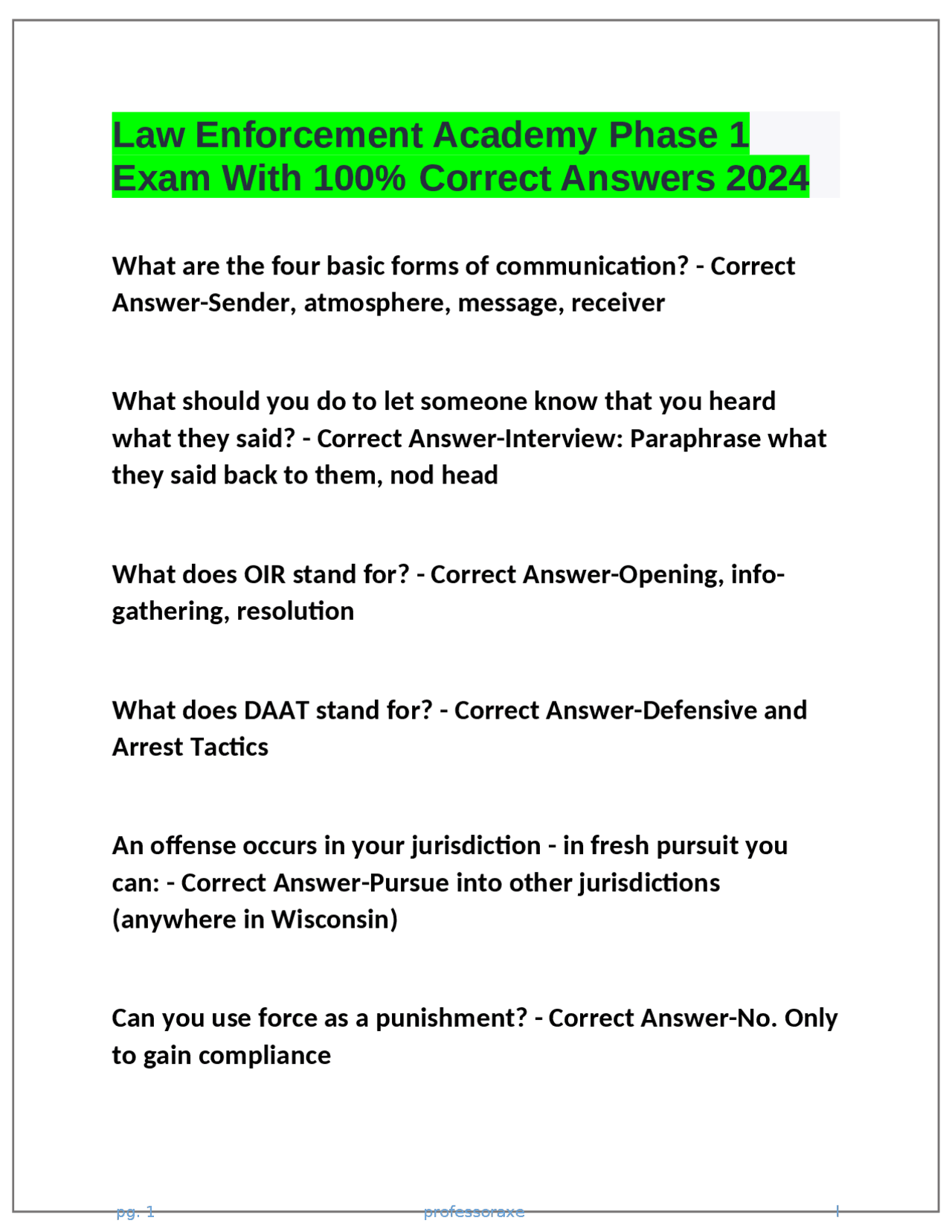 Law Enforcement Academy Phase 1 Exam With 100% Correct Answers 2024 ...