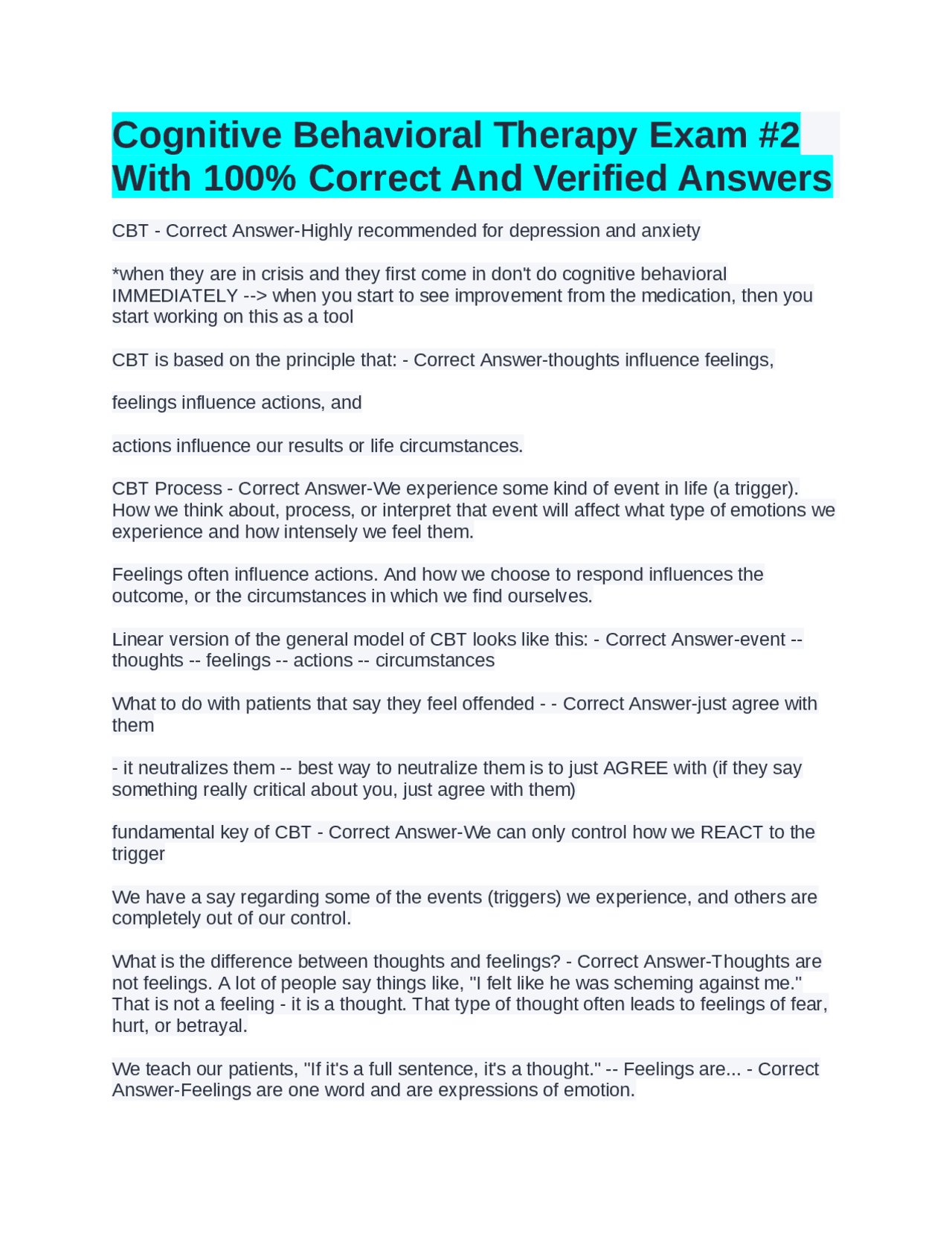 Cognitive Behavioral Therapy Exam #2 With 100% Correct And Verified ...
