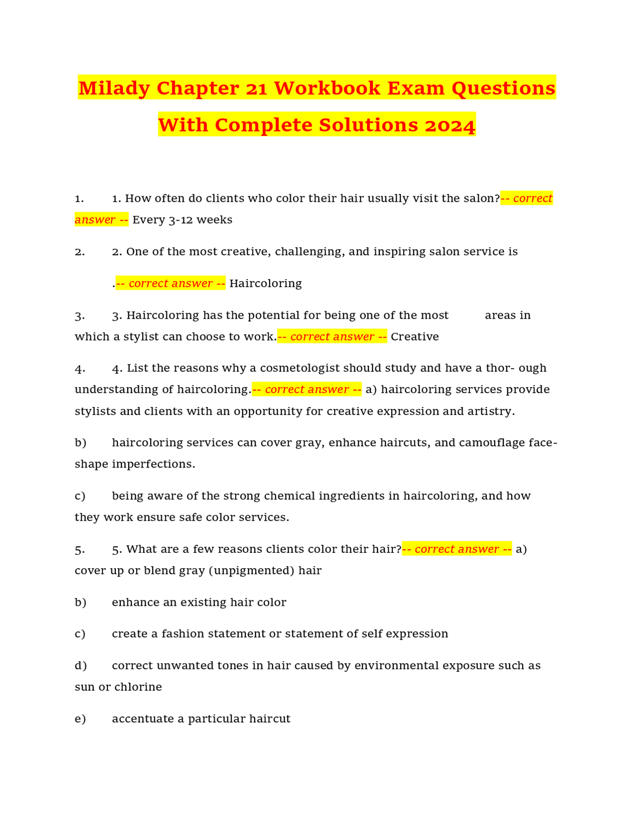 Milady Chapter 21 Workbook Exam Questions With Complete Solutions 2024 ...