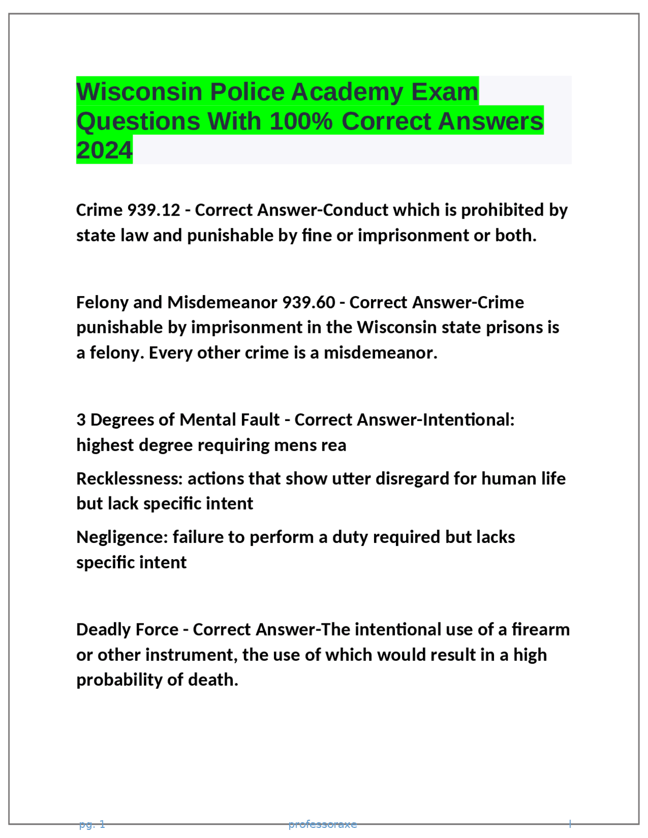 Wisconsin Police Academy Exam Questions With 100% Correct Answers 2024 ...