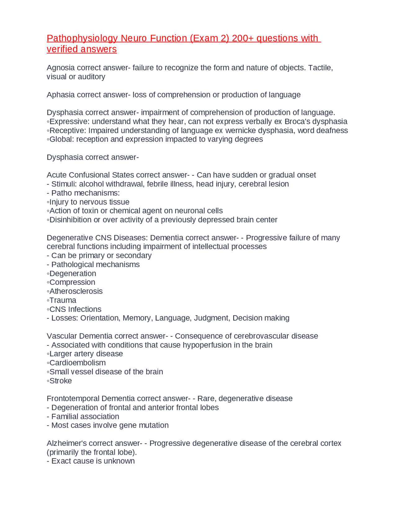 Pathophysiology Neuro Function (Exam 2) 200+ questions with verified ...