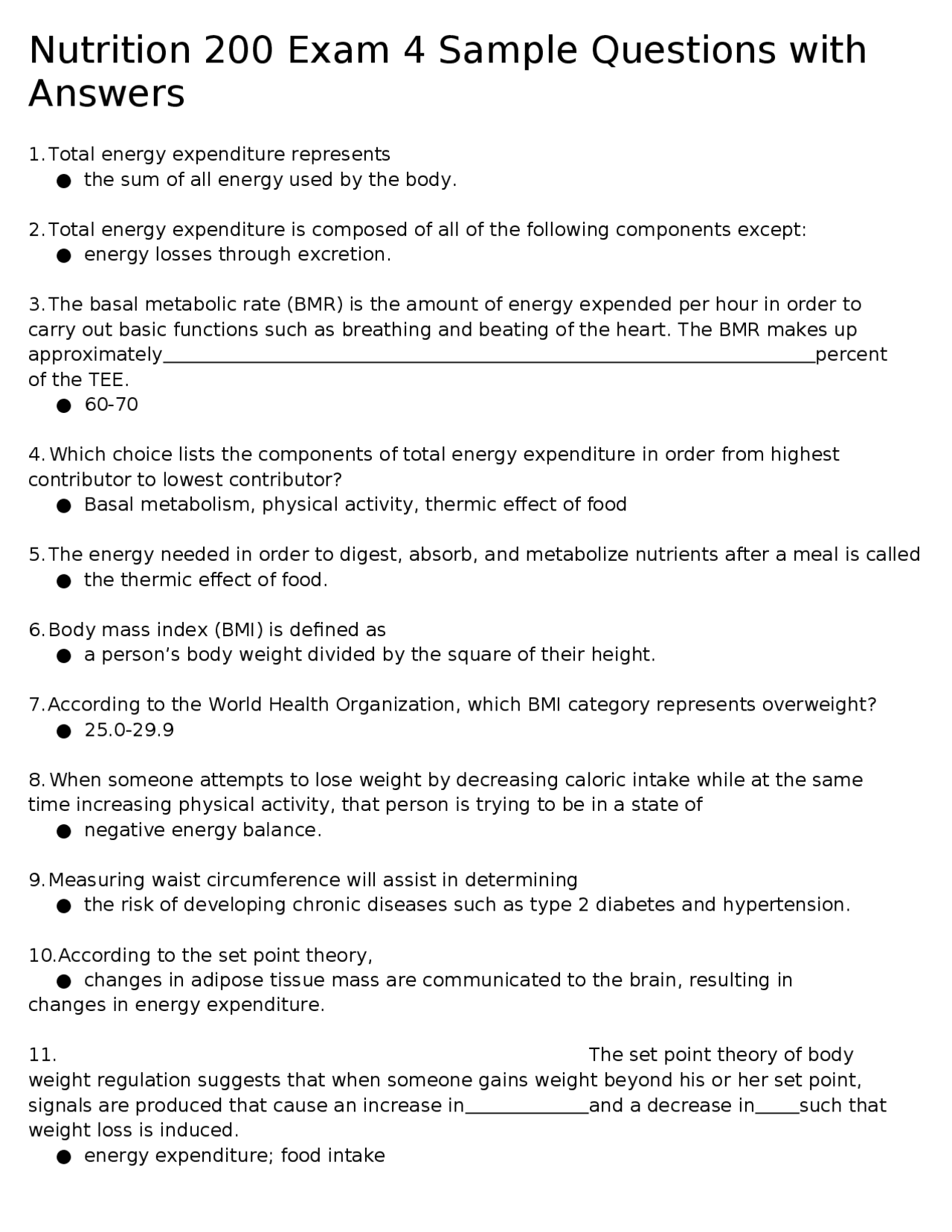 Nutrition 200 Exam 4 Sample Questions with Answers | Study Guides ...