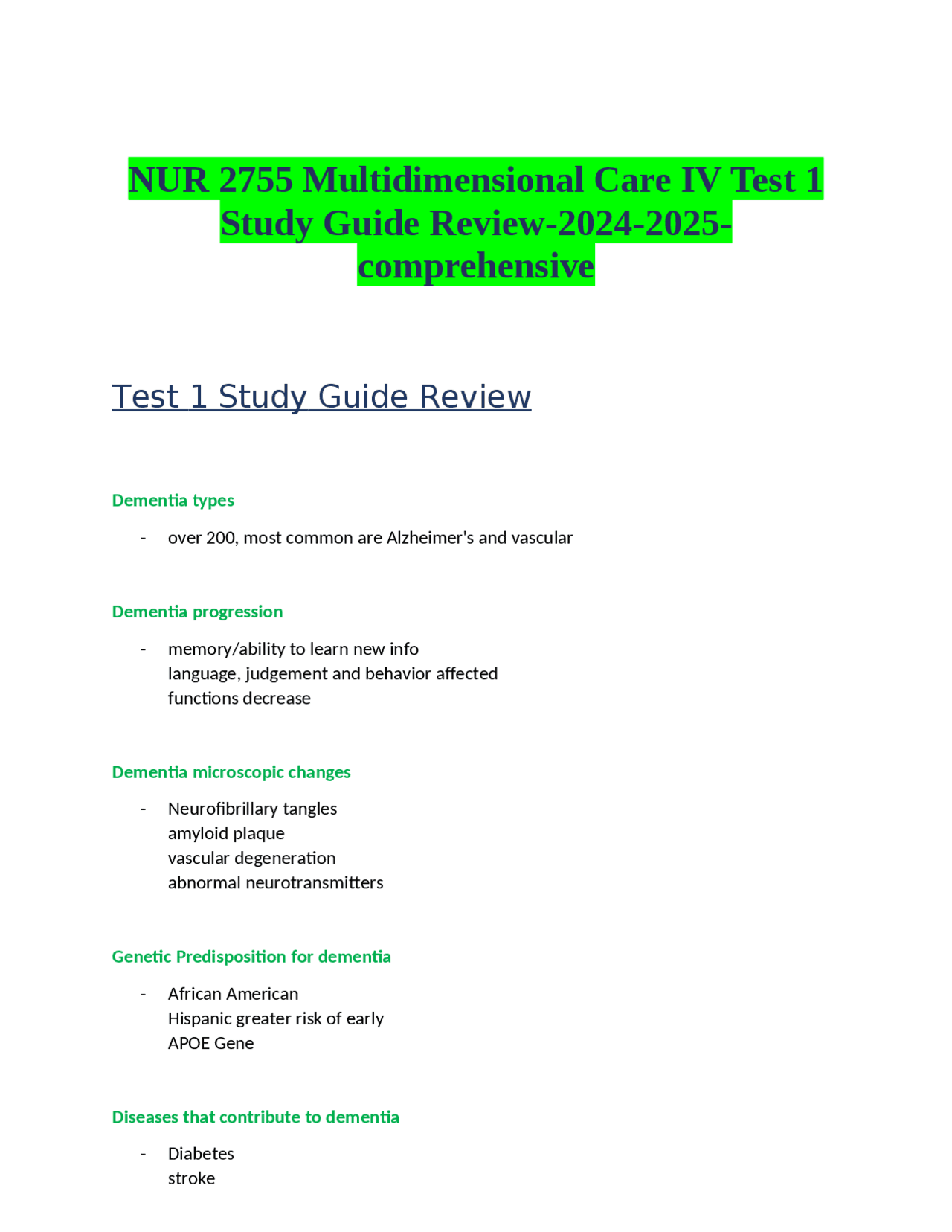 NUR 2755 Multidimensional Care IV Test 1 Study Guide Review-2024-2025 ...