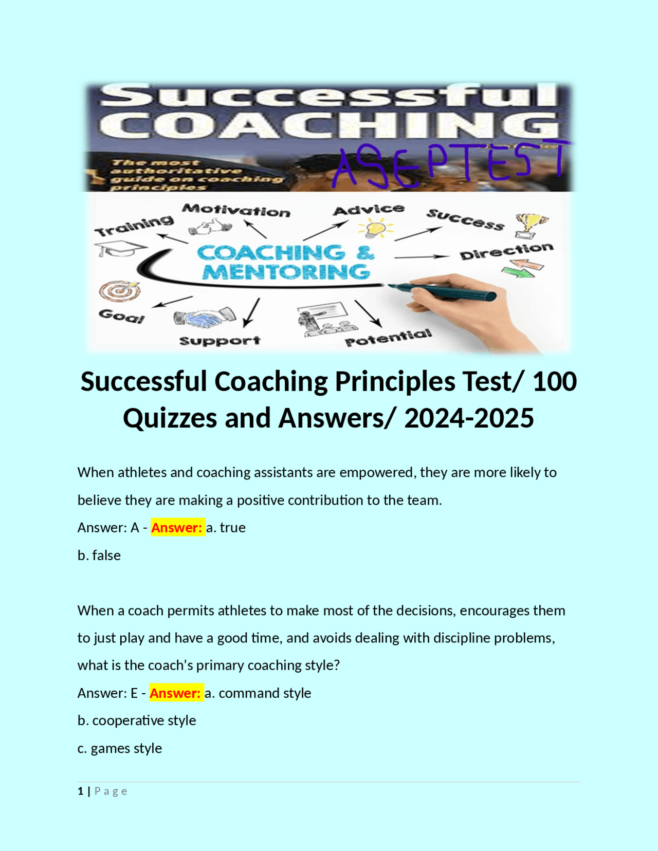 Successful Coaching Principles Test | Exams Psychology of Games | Docsity