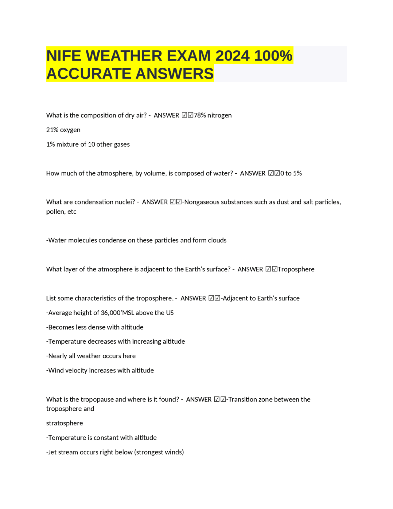 NIFE WEATHER EXAM 2024 100% ACCURATE ANSWERS | Exams Nursing | Docsity
