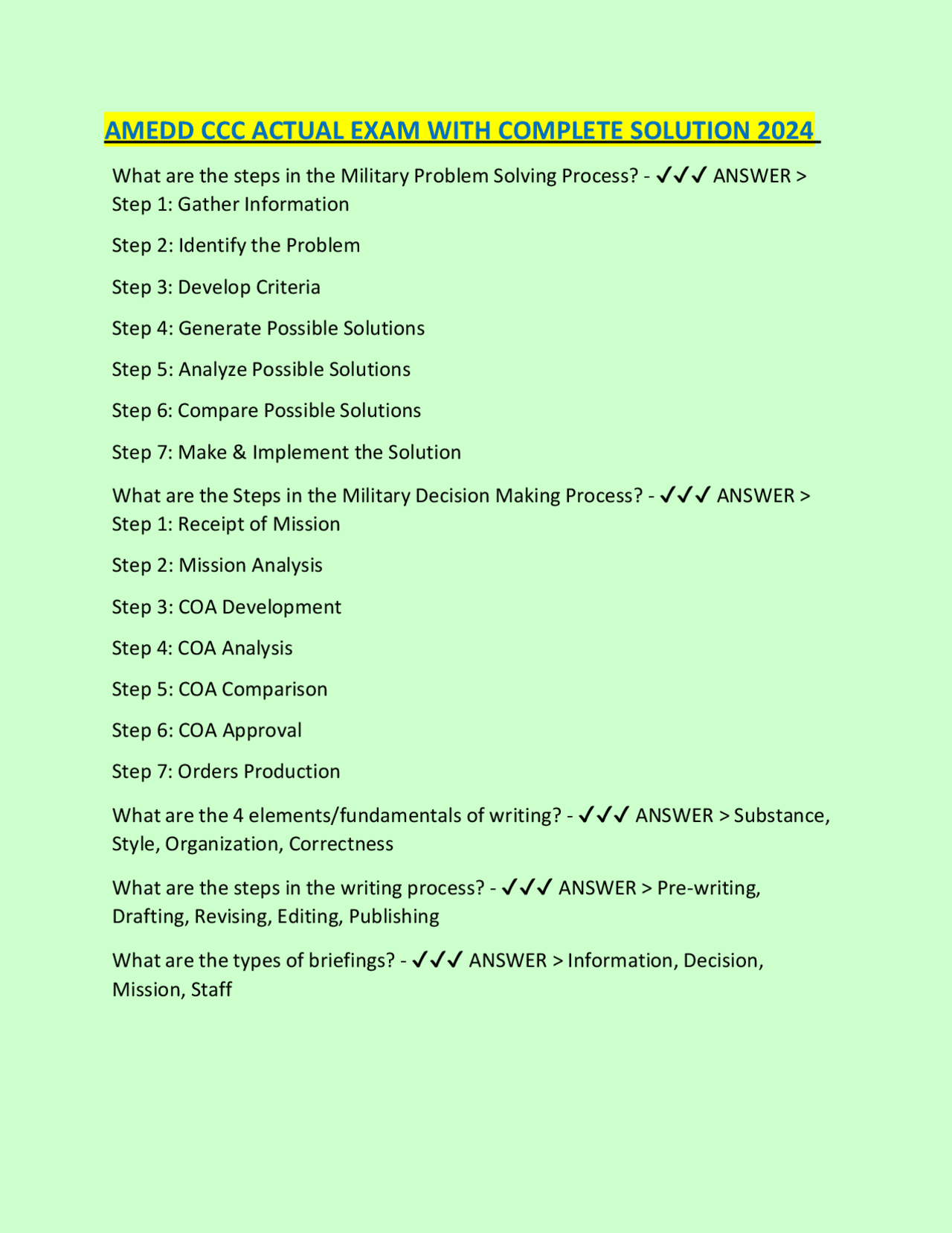 AMEDD CCC ACTUAL EXAM WITH COMPLETE SOLUTION 2024 | Exams Nursing | Docsity