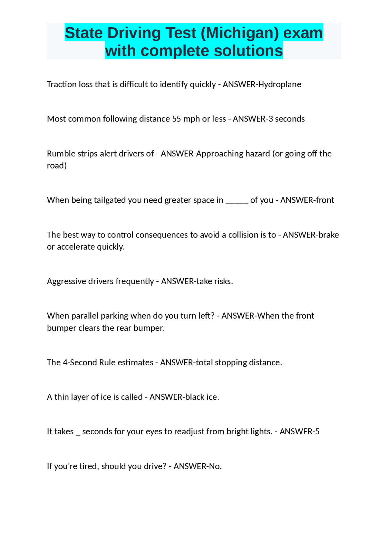 State Driving Test (Michigan) exam with complete solution | Exams ...