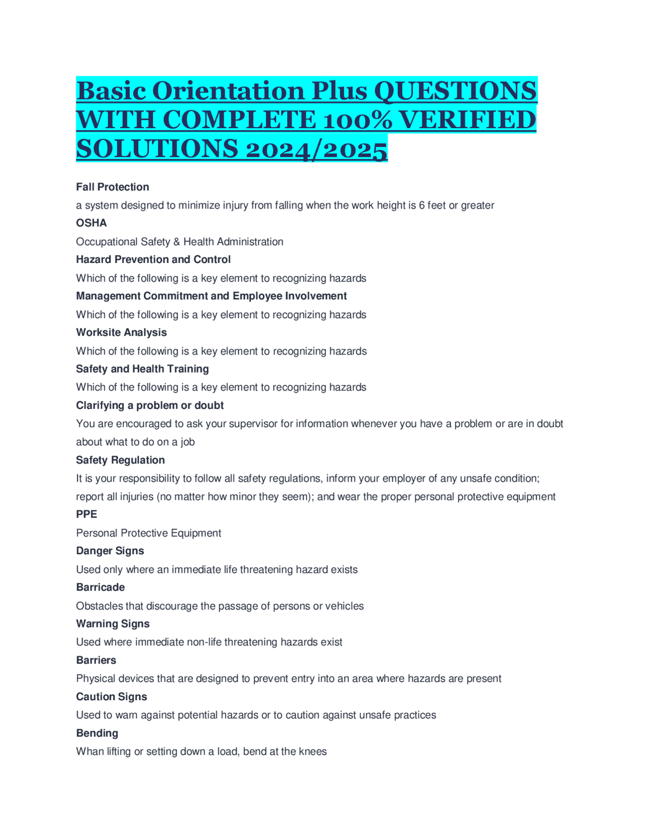 Basic Orientation Plus QUESTIONS WITH COMPLETE 100% VERIFIED SOLUTIONS ...