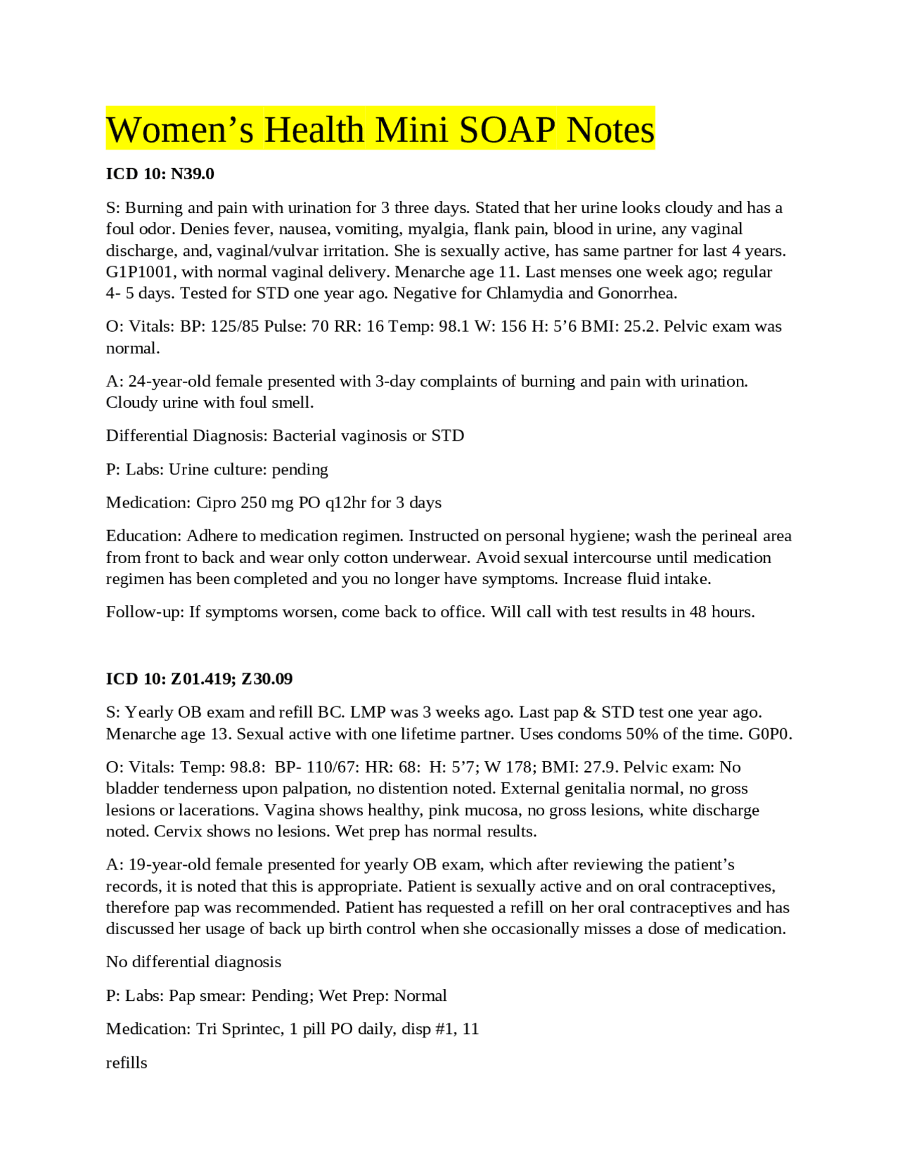 Women’s Health Mini SOAP Notes | Exams Nursing | Docsity