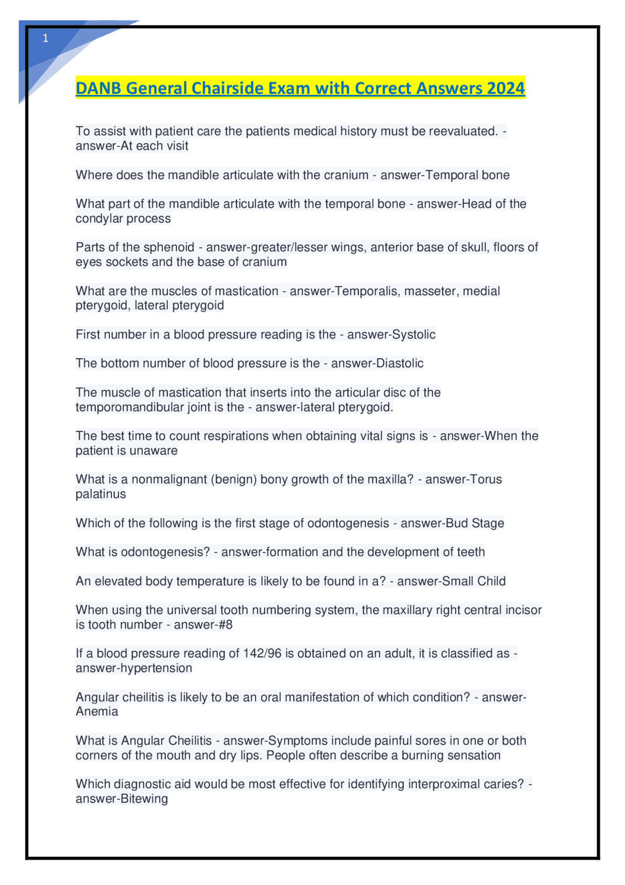 DANB General Chairside Exam with Correct Answers 2024 | Exams Nursing ...