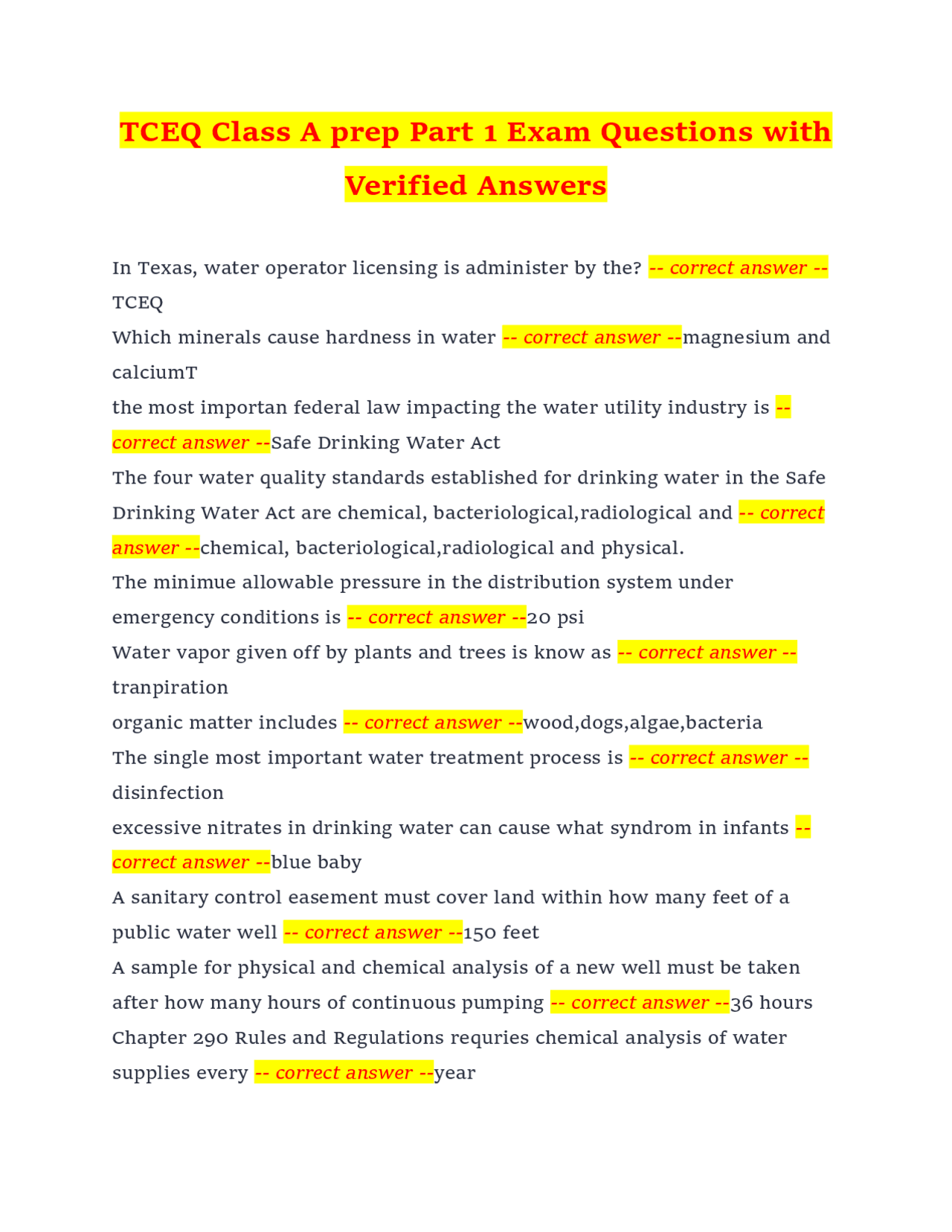 TCEQ Class A prep Part 1 Exam Questions with Verified Answers | Exams ...