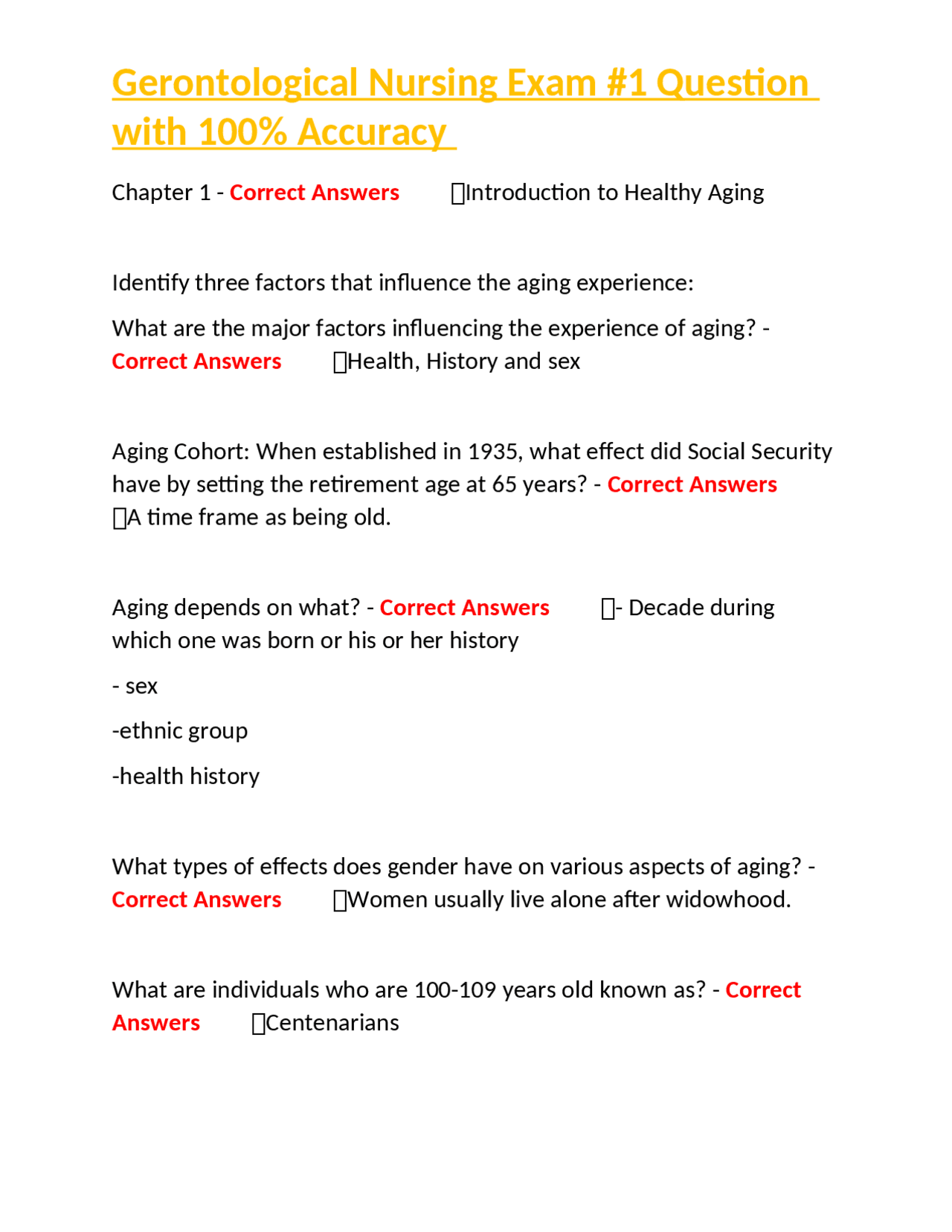 Gerontological Nursing Exam #1 Question with 100% Accuracy | Exams ...