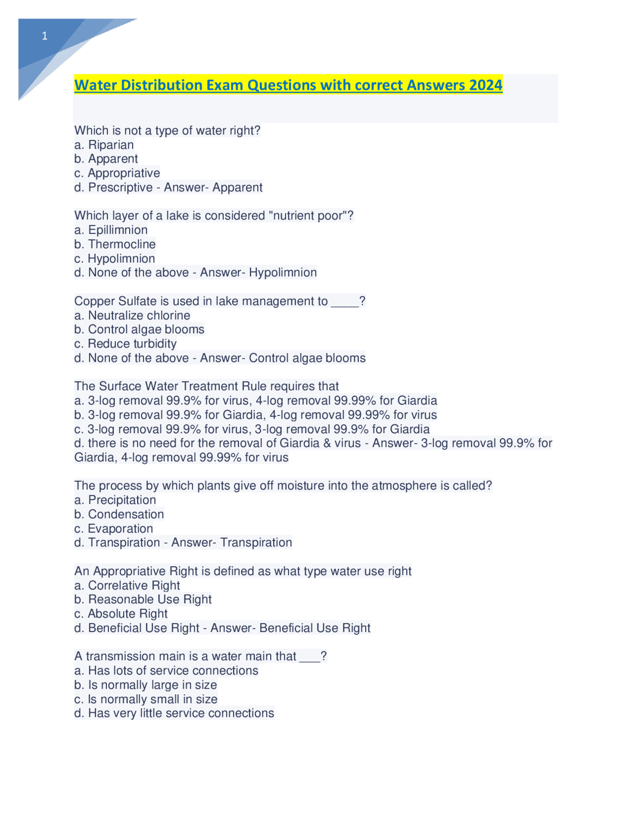 Water Distribution Exam Questions with correct Answers 2024 | Exams ...