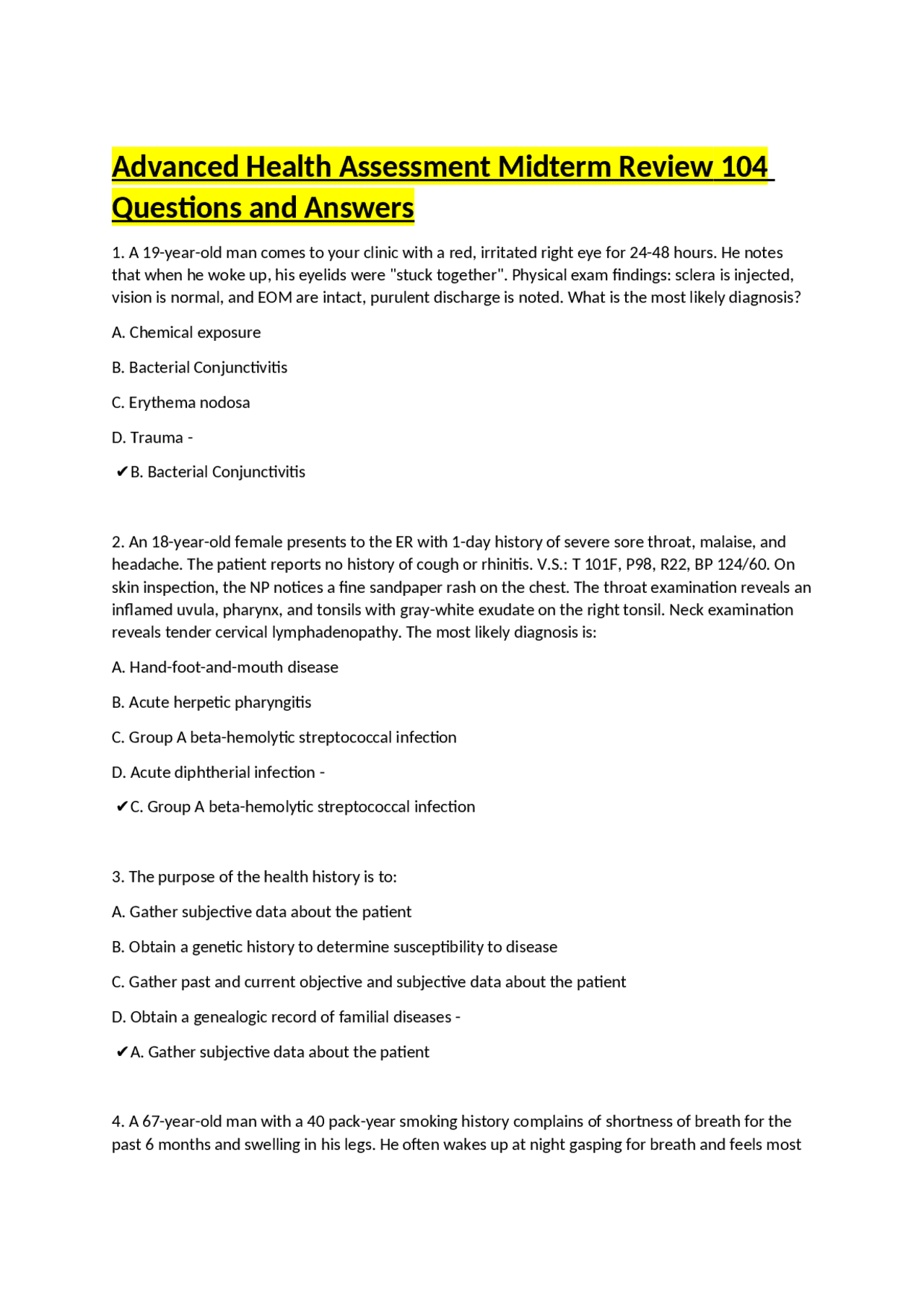 Advanced Health Assessment Midterm Review 104 Questions and Answers ...