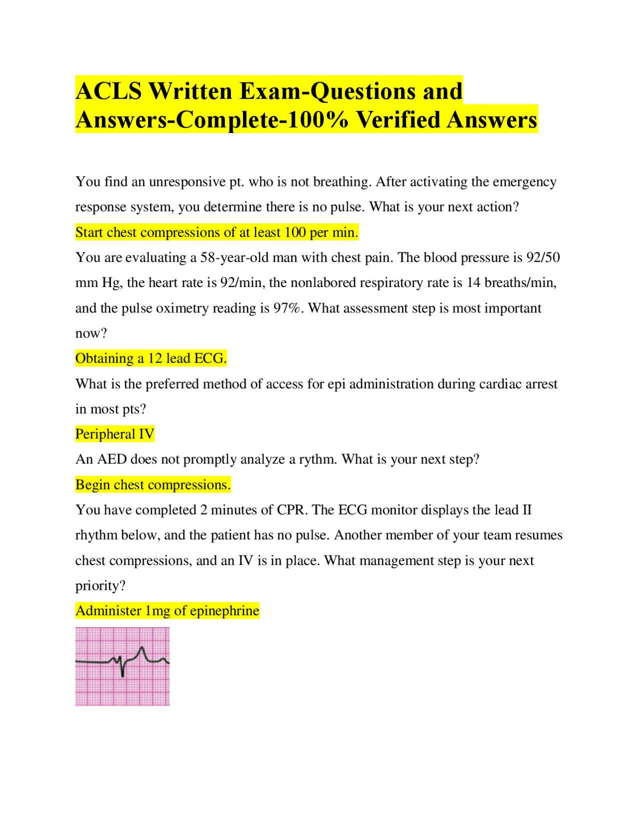 ACLS Written Exam-Questions and Answers-Complete-100% Verified Answers ...