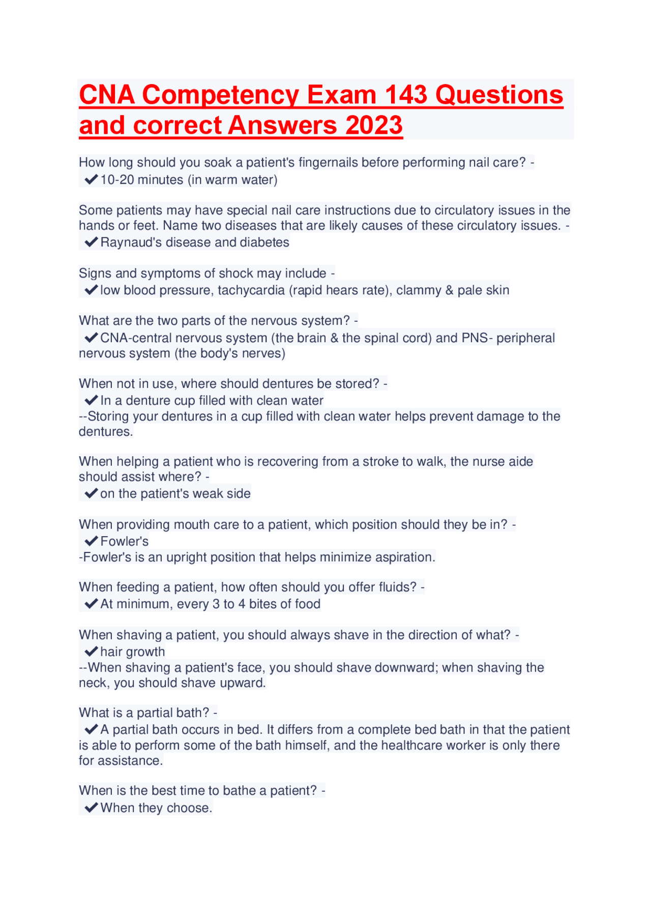 CNA Competency Exam 143 Questions and correct Answers 2023.pdf | Exams ...