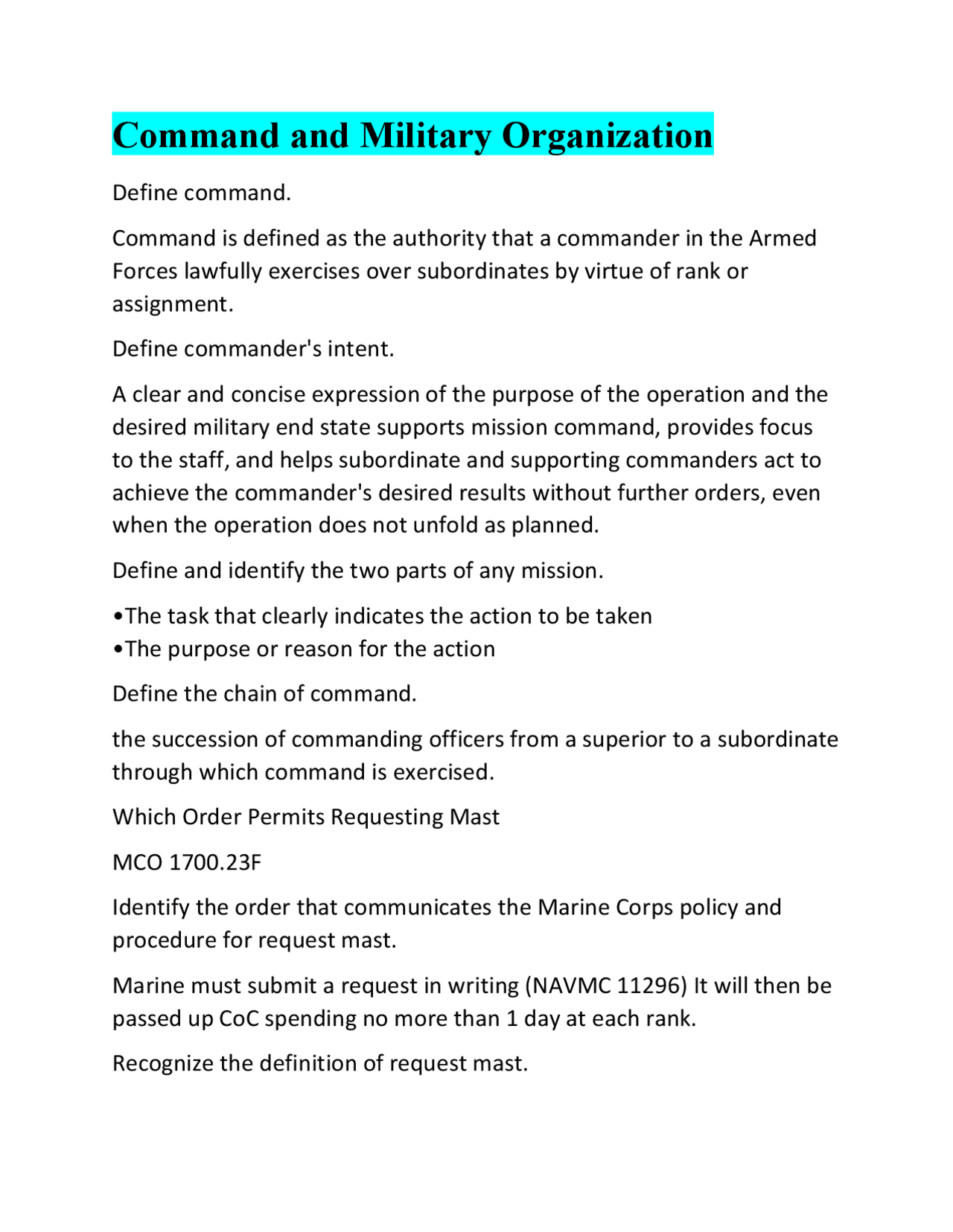 Command and Military Organization | Exams Marine Science and Biology ...