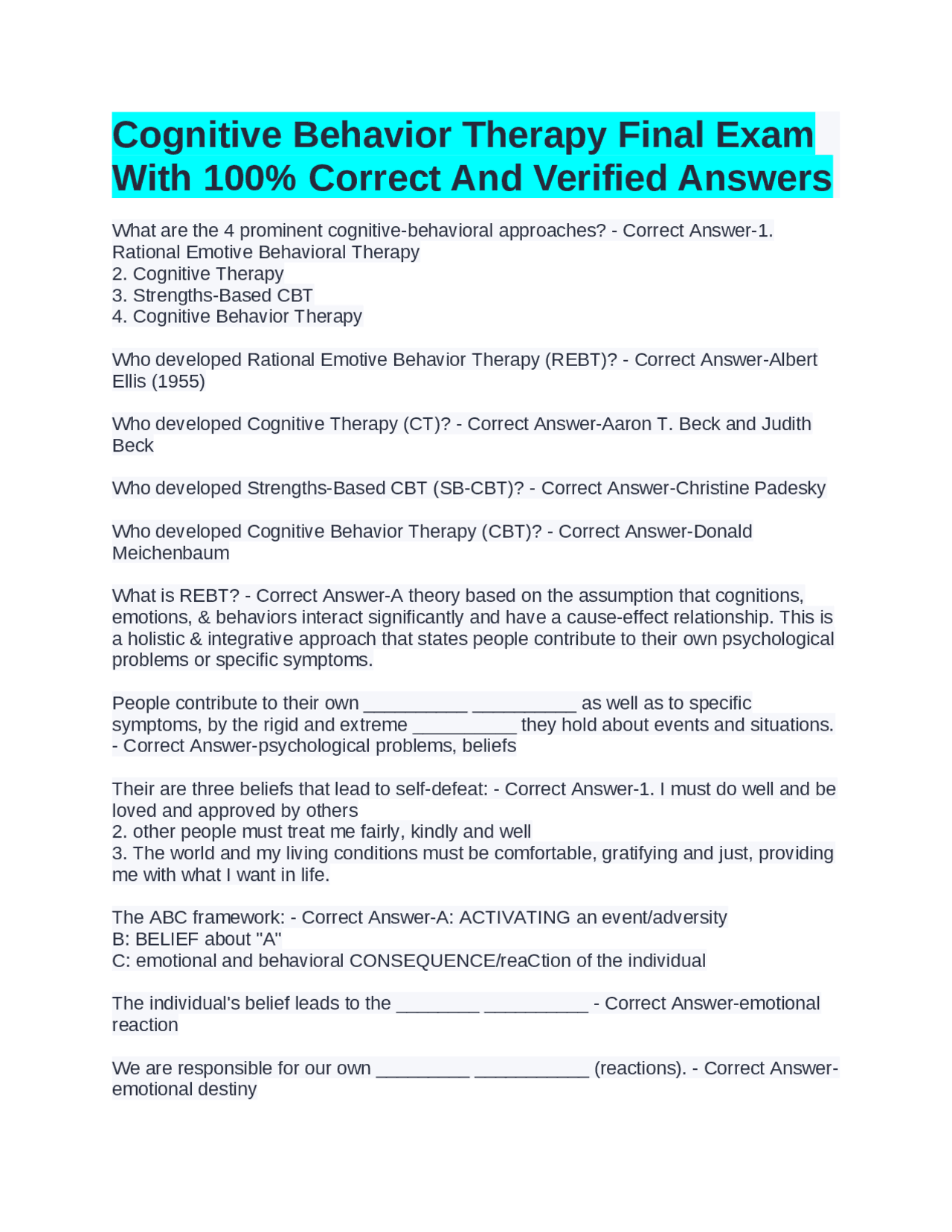 Cognitive Behavior Therapy Final Exam With 100% Correct And Verified ...