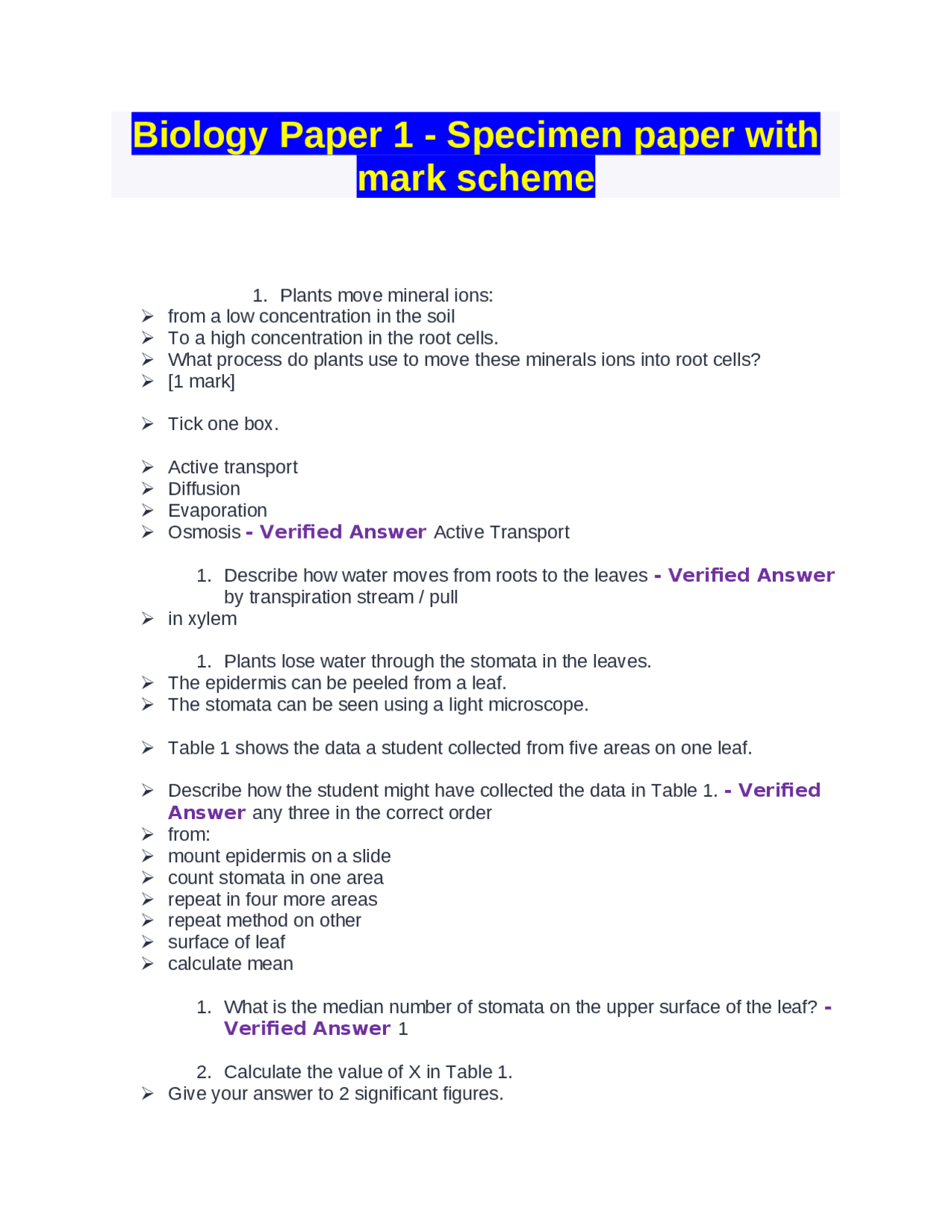 Biology Paper 1 - Specimen paper with mark scheme | Exams Biology | Docsity