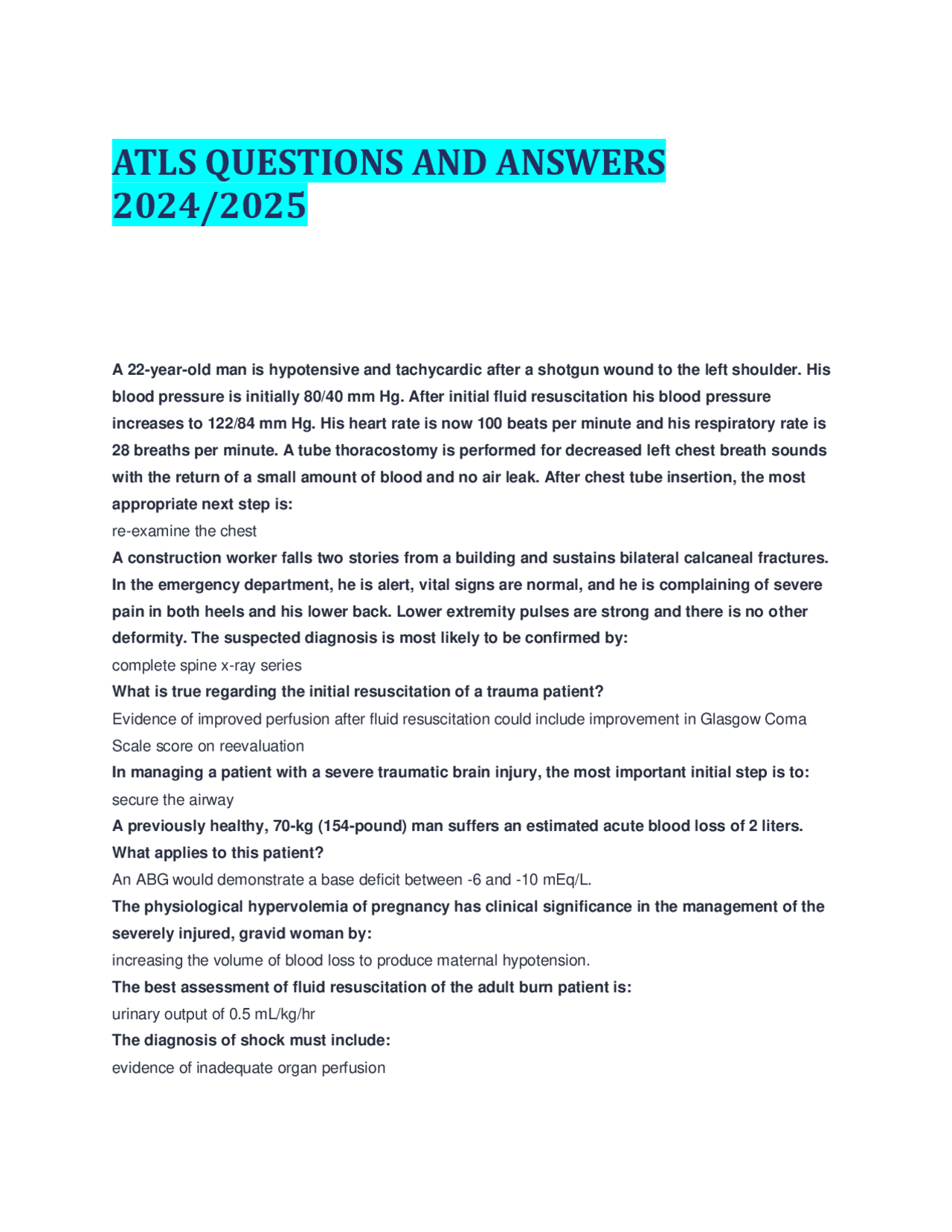 ATLS QUESTIONS AND ANSWERS 2024/2025 | Exams Nursing | Docsity