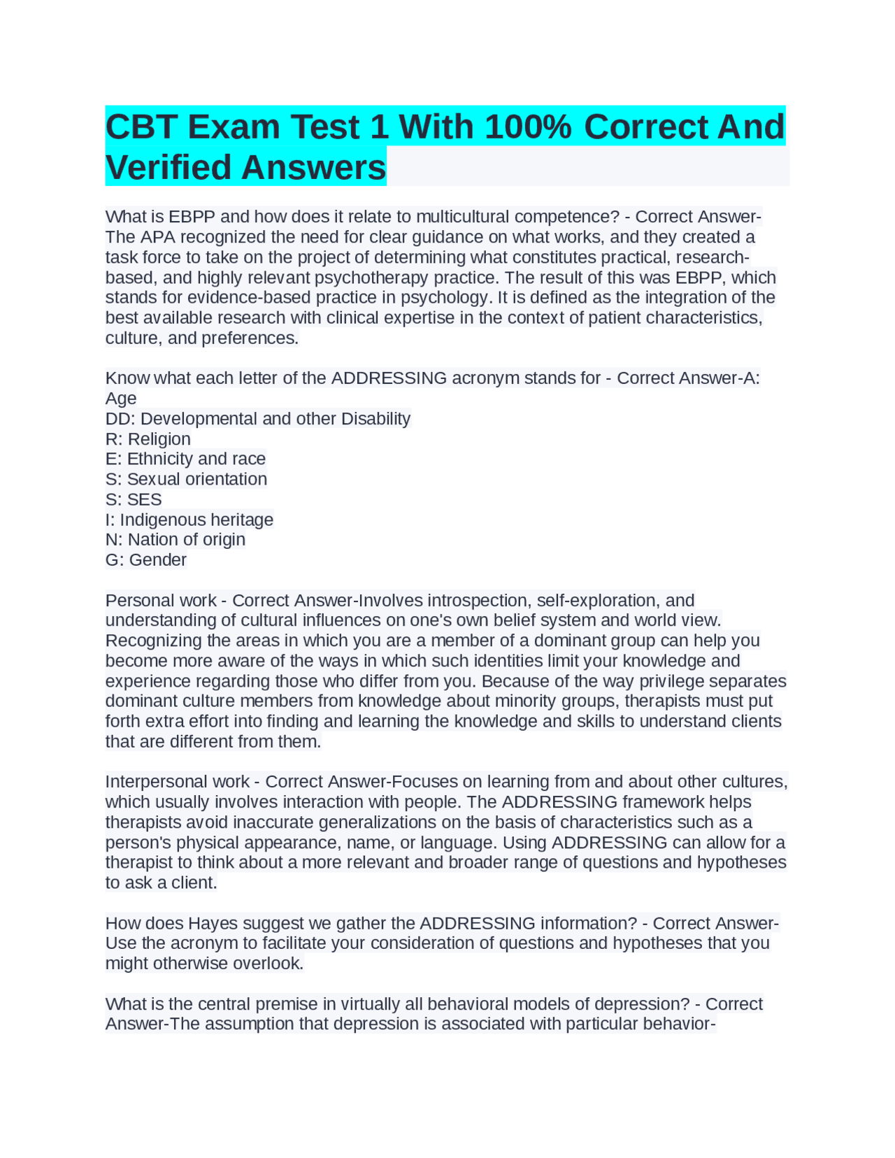 CBT Exam Test 1 With 100% Correct And Verified Answers | Exams Advanced ...