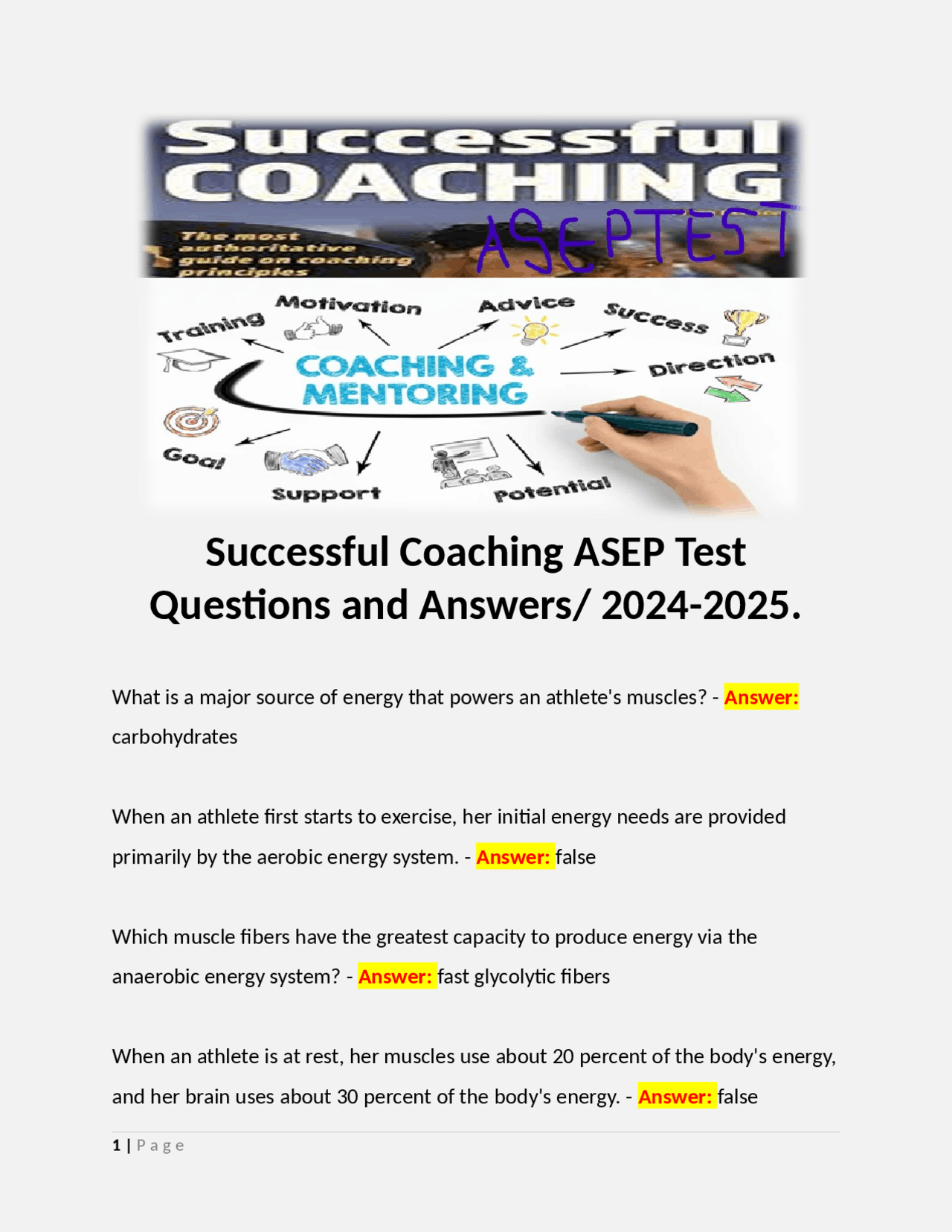 Successful Coaching ASEP Test | Exams Psychology of Games | Docsity