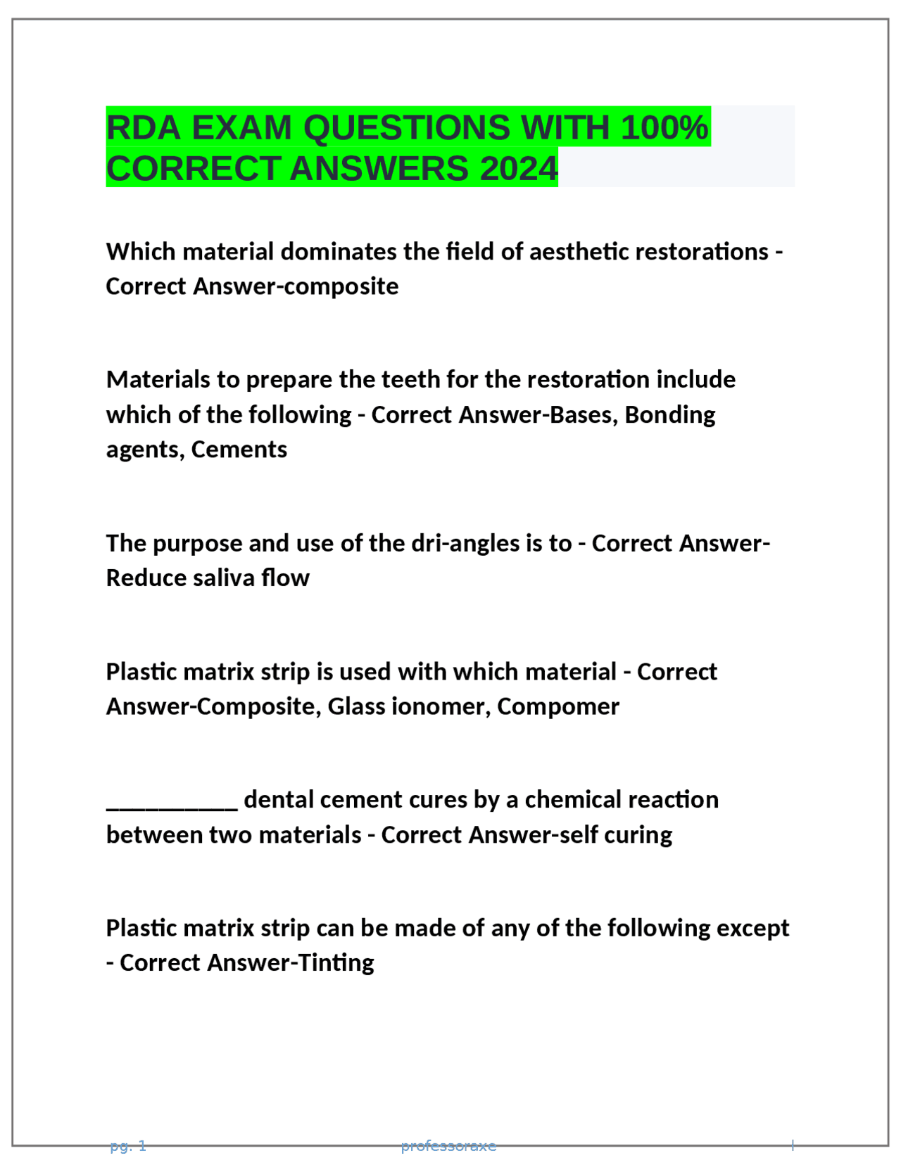 RDA EXAM QUESTIONS WITH 100% CORRECT ANSWERS 2024 | Exams Advanced ...