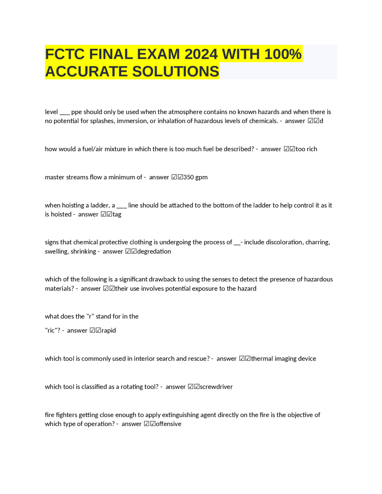 FCTC FINAL EXAM 2024 WITH 100% ACCURATE SOLUTIONS | Exams Nursing | Docsity