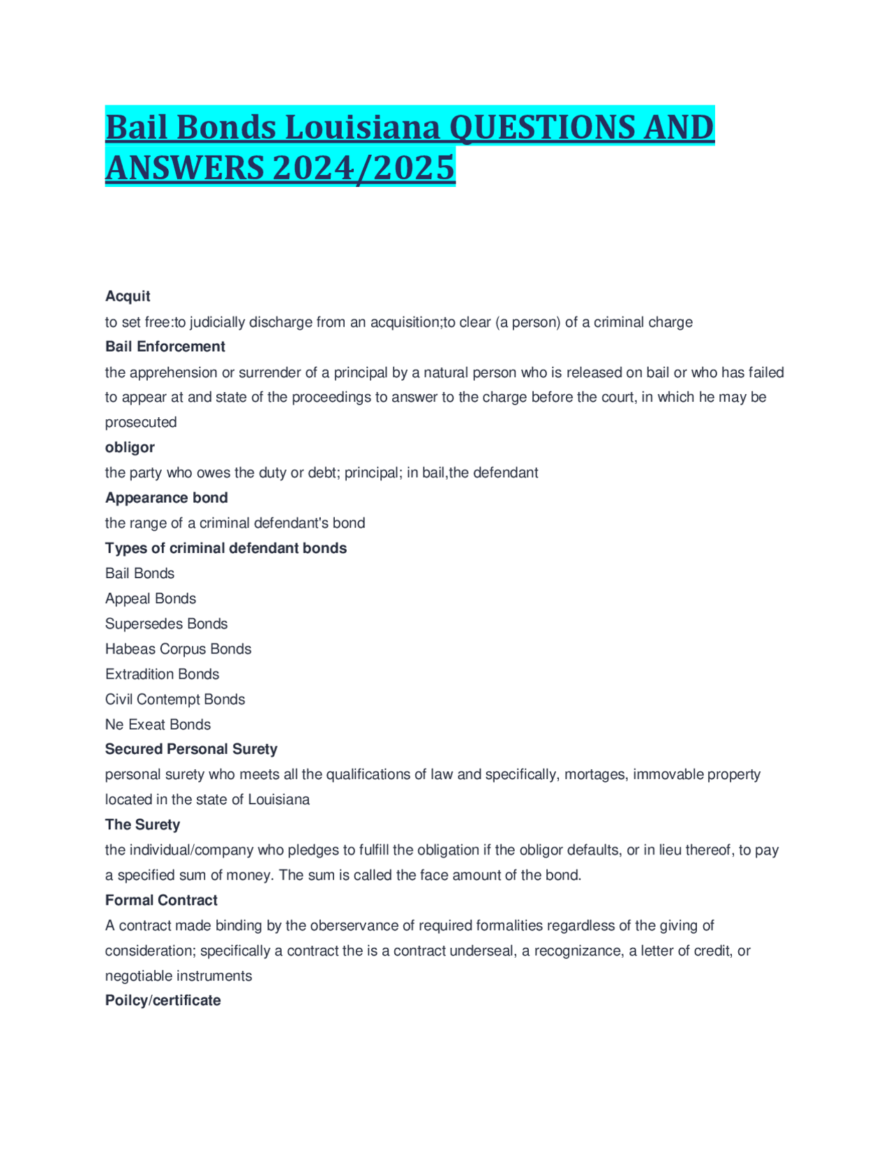 Bail Bonds Louisiana QUESTIONS AND ANSWERS 2024/2025 | Exams Law | Docsity
