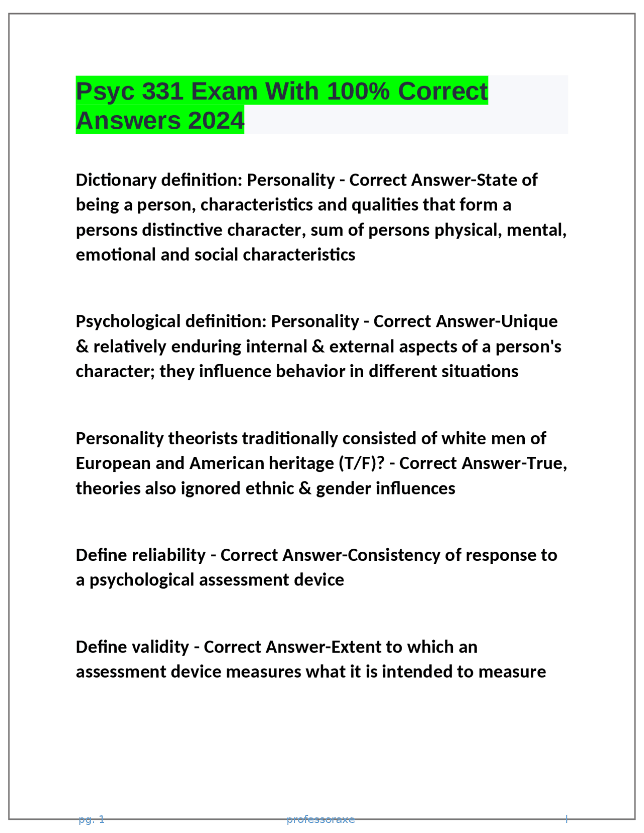 Psyc 331 Exam With 100% Correct Answers 2024 | Exams Advanced Education ...